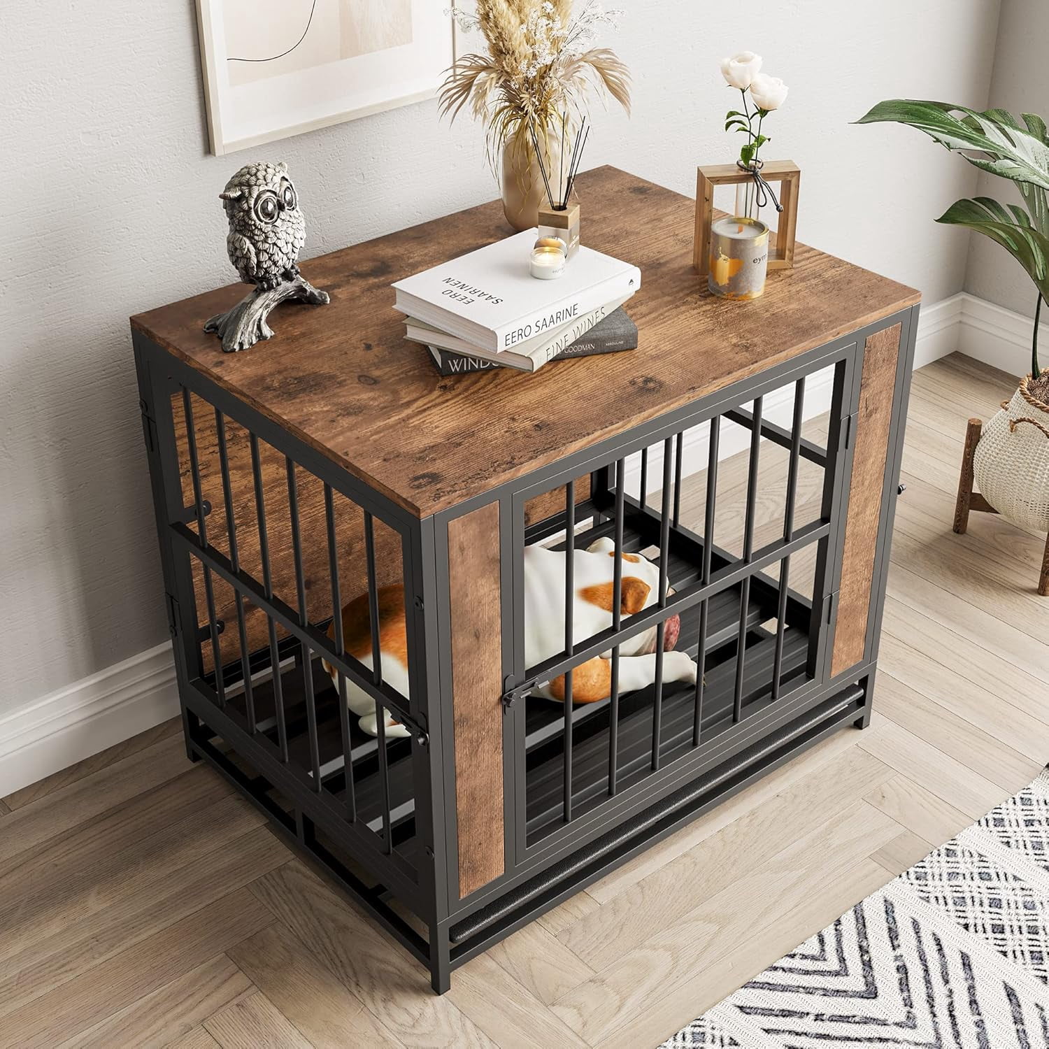 Dog Crate Furniture, Metal and Wooden Dog Crate, Dog Kennels with 3 ...