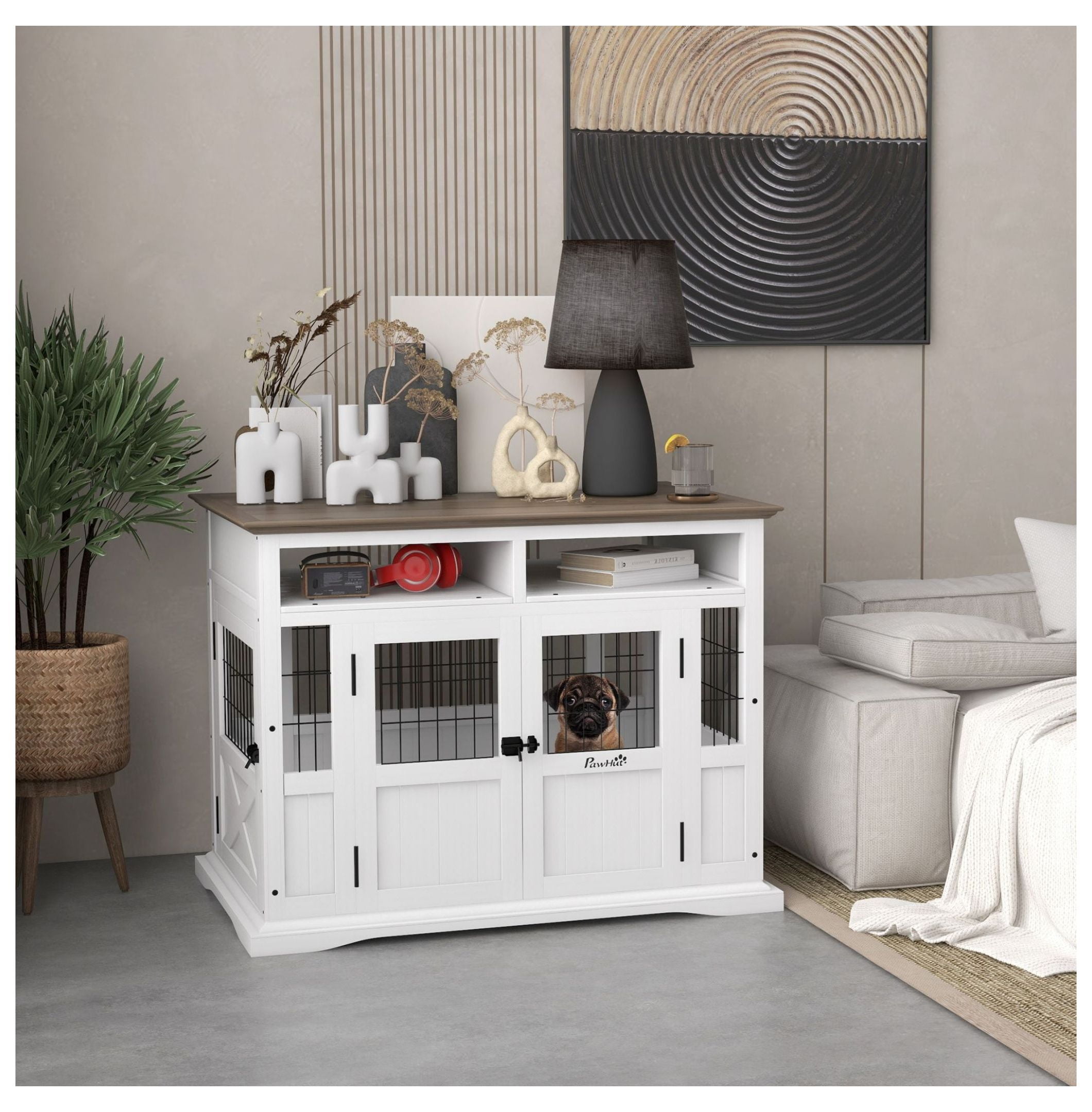Dog Crate Furniture Side Table with Storage, White Wood Kennel for ...