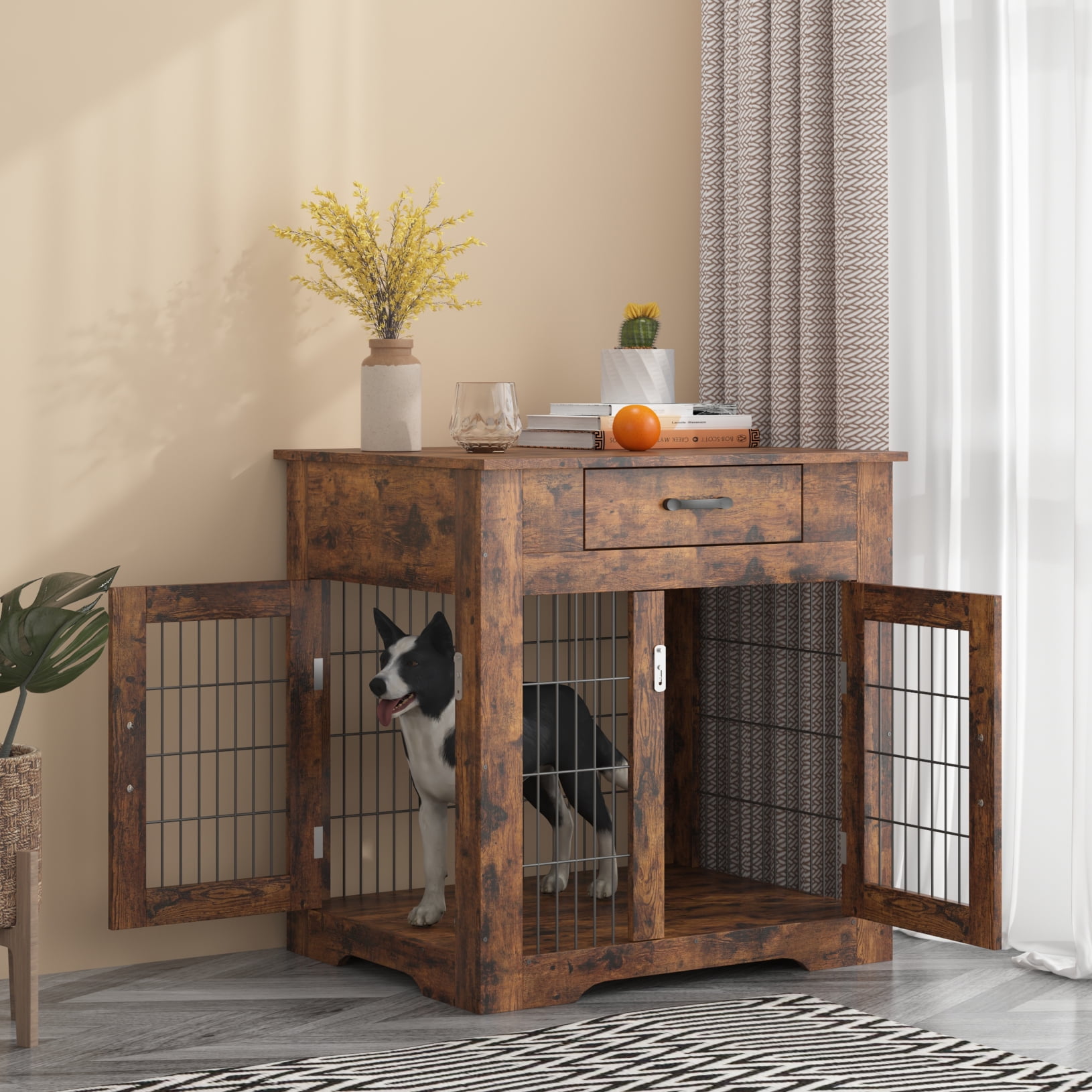Dog Crate Furniture, Wooden Dog Crate Side End Table, Lockable Dog ...
