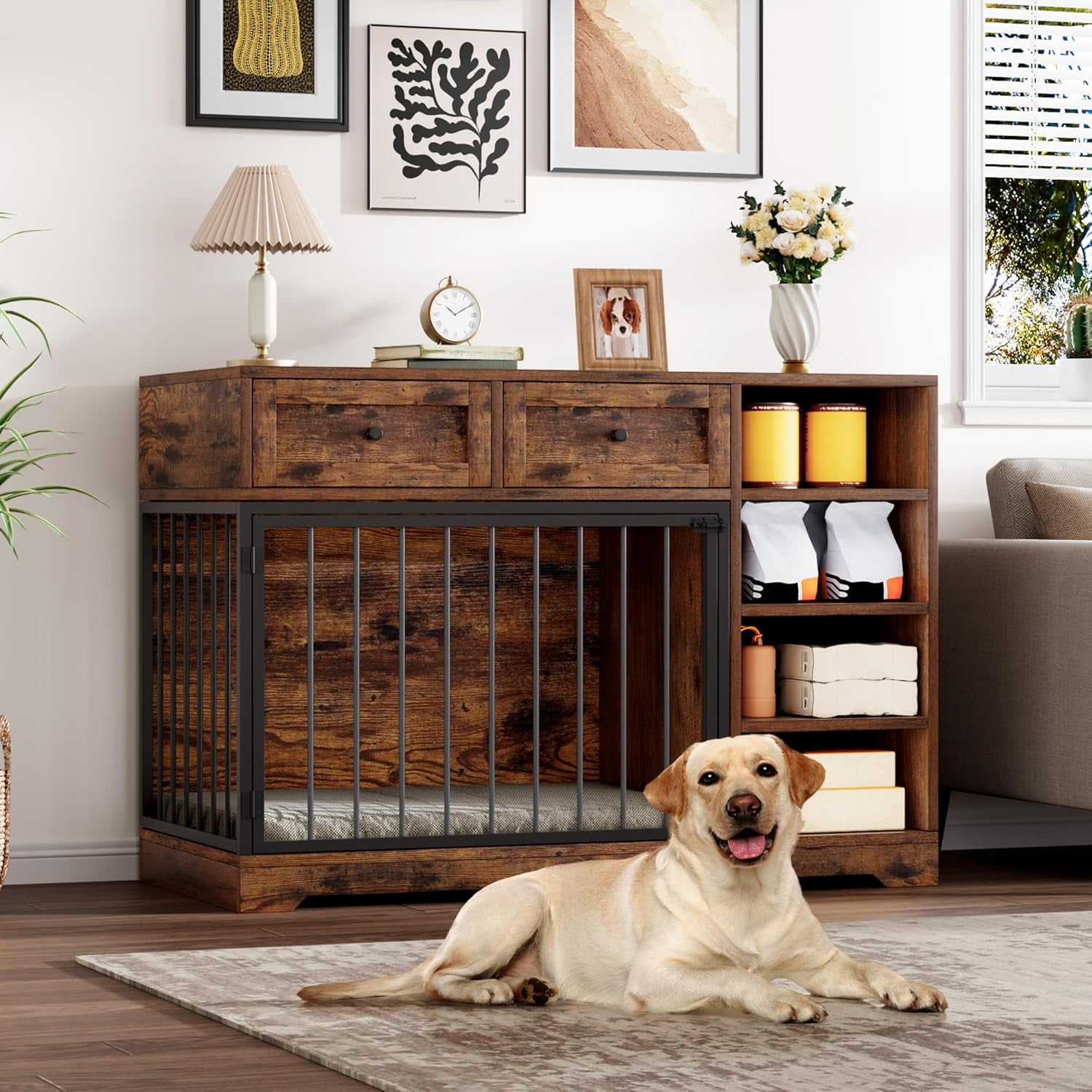 Garvee 47" Wooden Dog Crate Furniture with 2 Drawers & 4 Shelves, Large ...