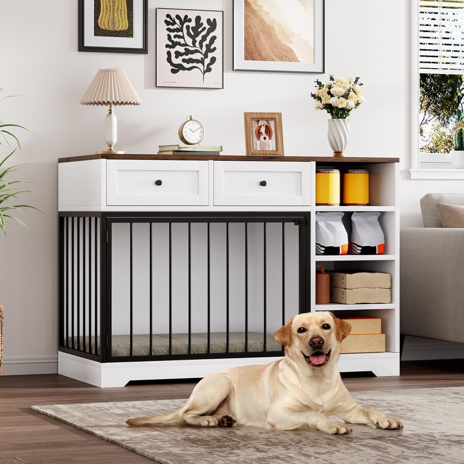 Garvee 47" Wooden Dog Crate Furniture with 2 Drawers & 4 Shelves, Large ...