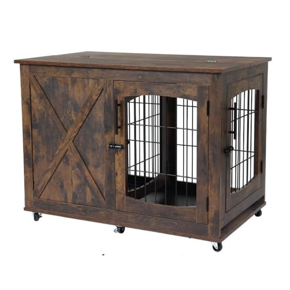 Dog Crate Furniture with Divider and 6 Rotatable Wheels, Wooden Dog ...