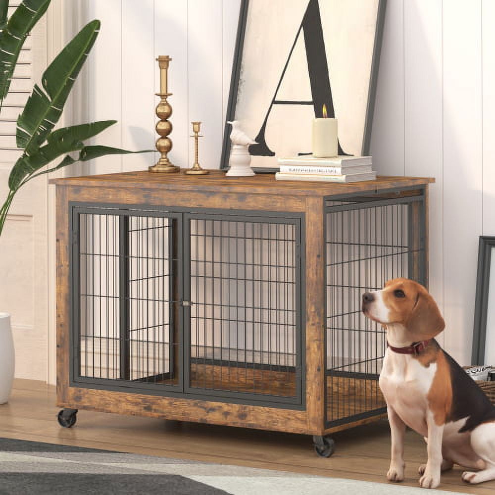 Dog Crate Furniture with Double Doors, Indoor Dog Kennel, Rustic Brown ...