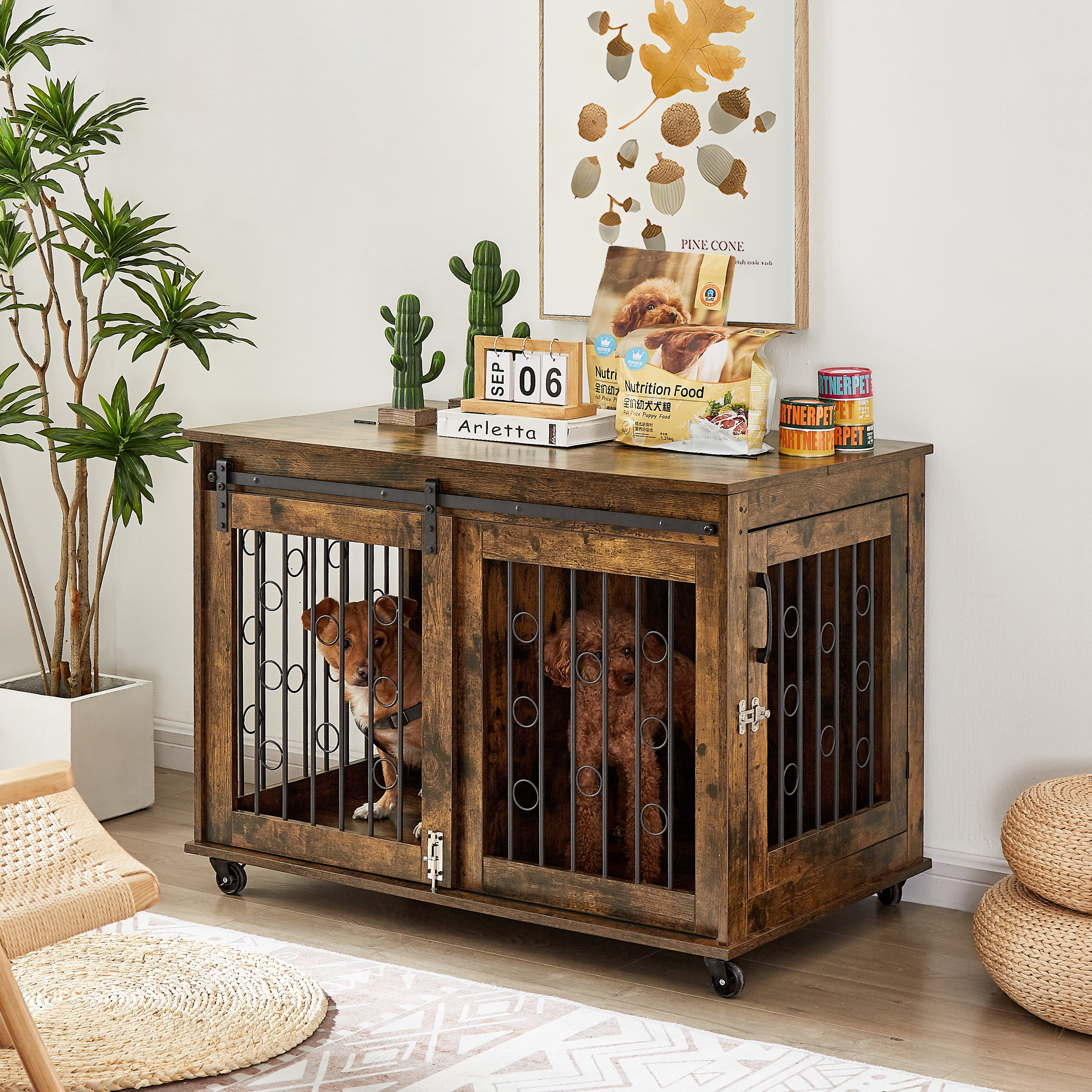 "Seizeen 39"" Dog Crate on Wheels with Partition, Heavy Duty Kennel ...