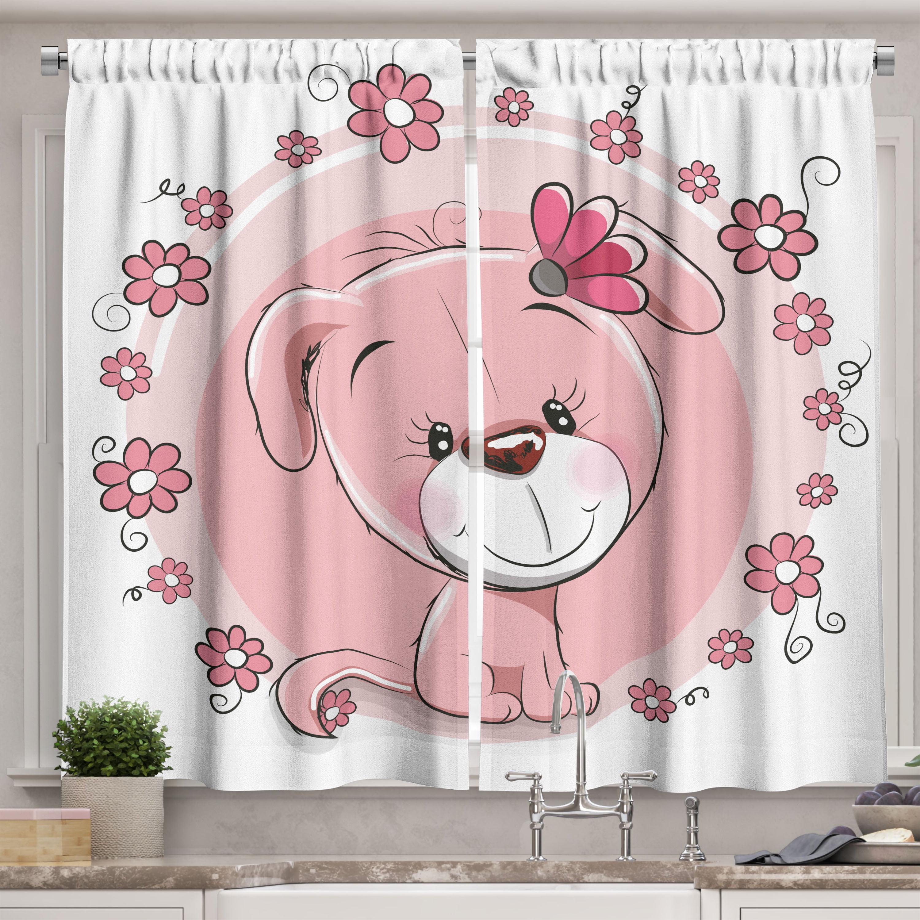 Dog Curtains 2 Panels Set, Cute Little Puppy with Daisy Flowers ...