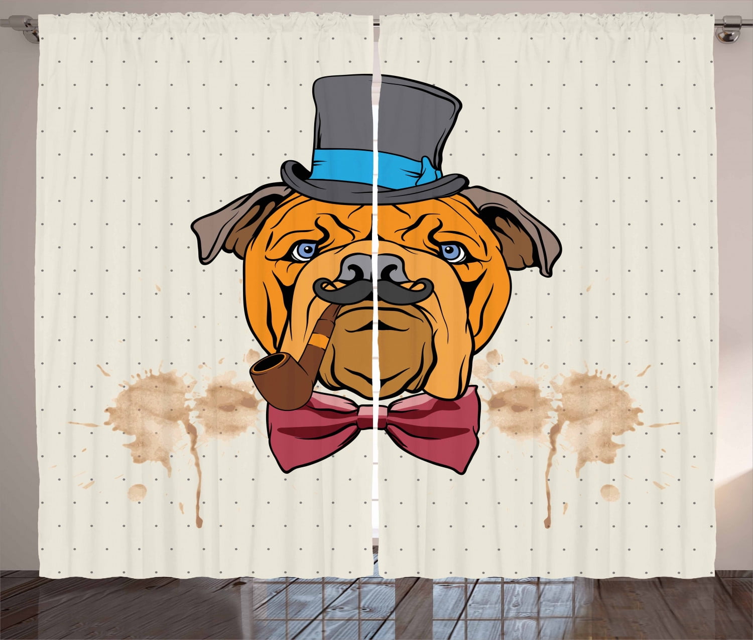 Dog Curtains 2 Panels Set, Illustration of a Bulldog Head with Hat Bow ...