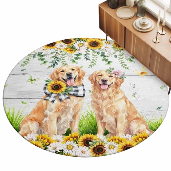 Dog Daisy Area Rugs 5' (Round) Summer Yellow Sunflower White Wood Grain ...