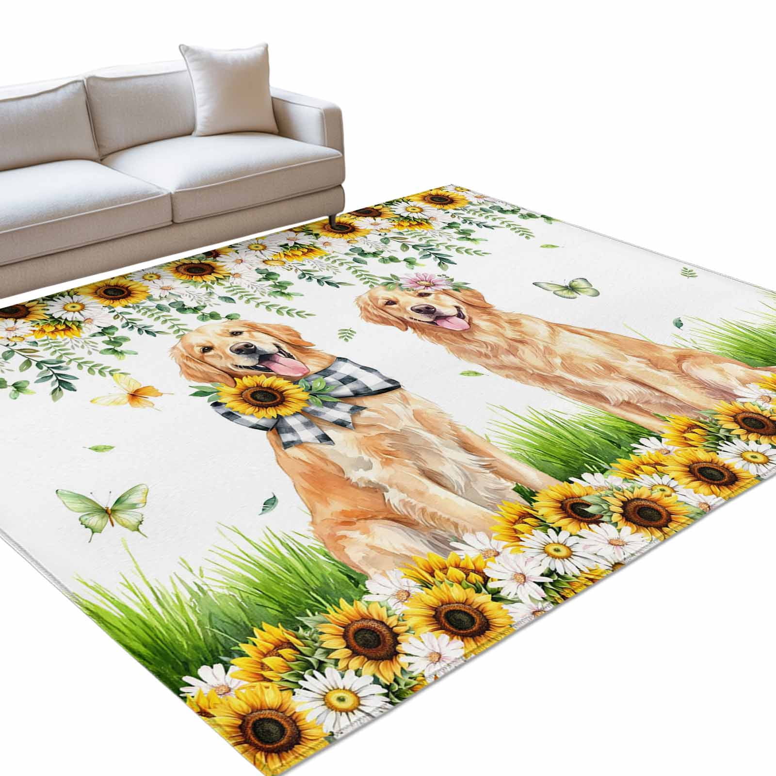 Dog Daisy Area Rugs 5x8ft Summer Yellow Sunflower Butterfly Field ...
