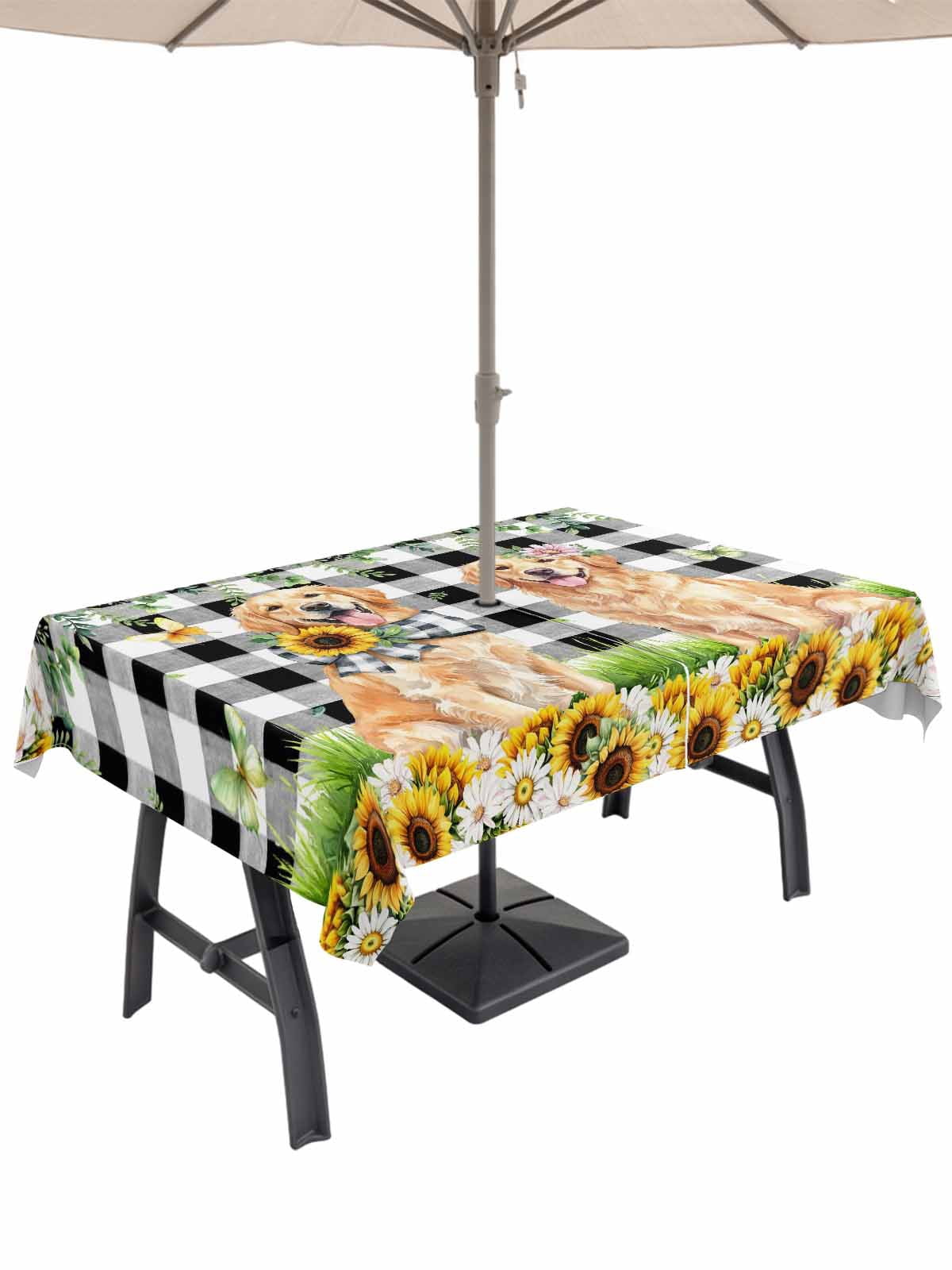 Dog Daisy Rectangle Outdoor Tablecloth with Umbrella Hole Summer Yellow ...