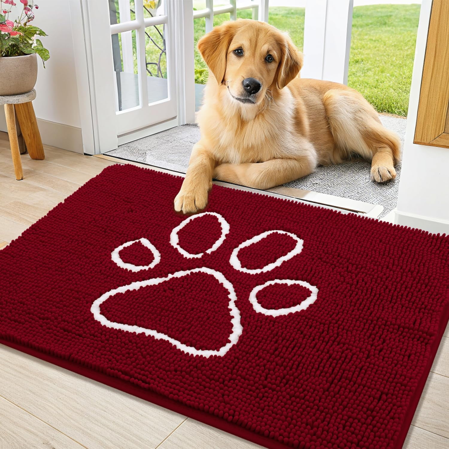 Dog Door Mat for Muddy Paws, Absorbent Dirt Trapper Non Slip Quick Dry Washable Chenille Mat for ...