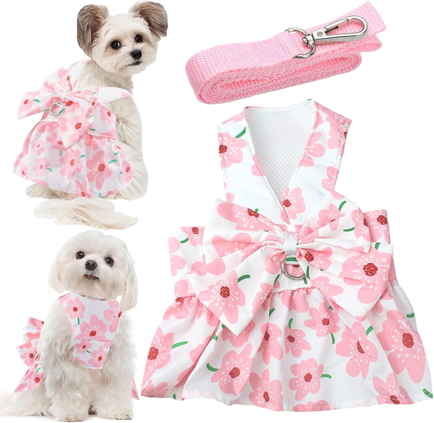 Dog Dress Bowknot Harness Leash Set for Small Girl Dogs Floral Dog Cat ...