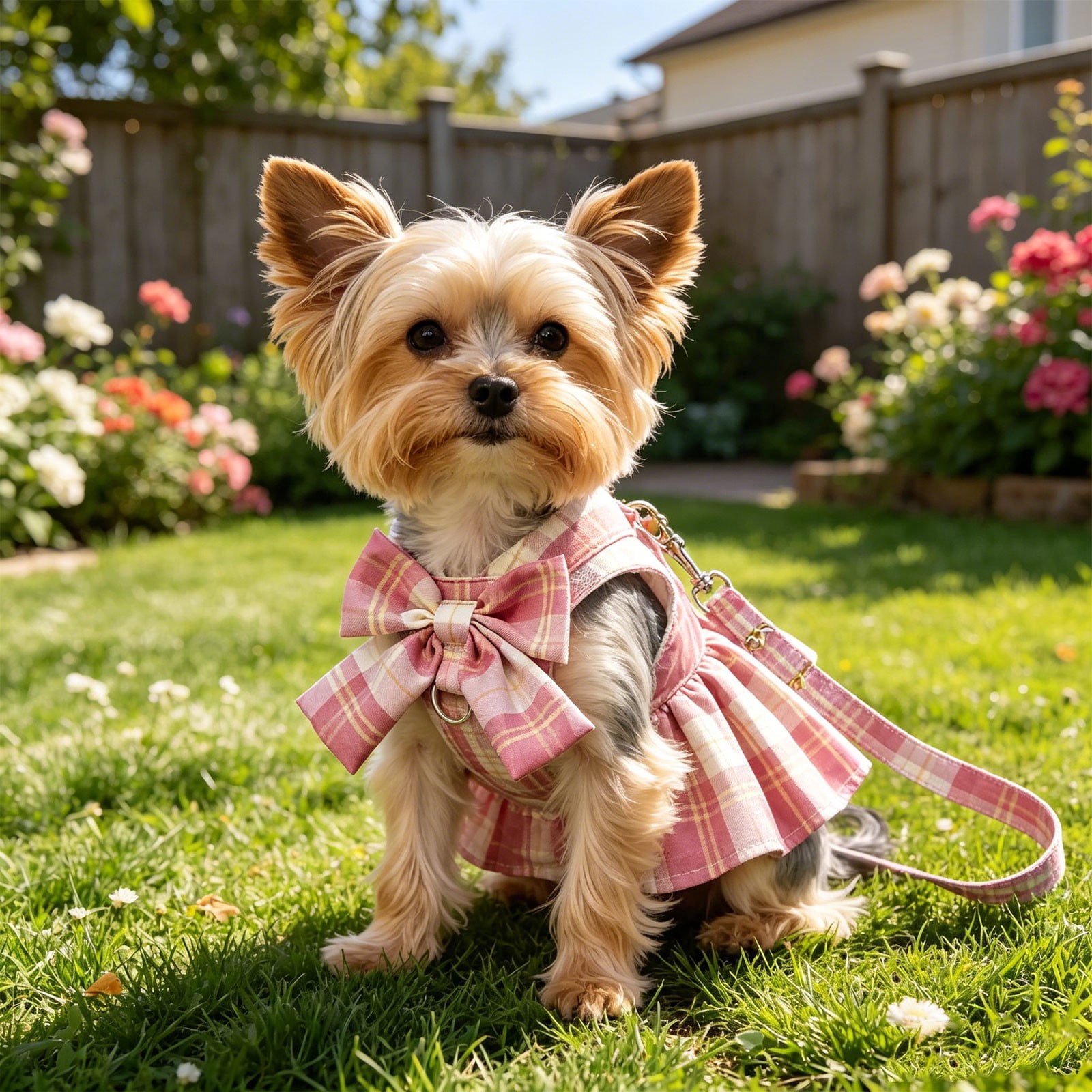 Dog Dress Harness and Lessh Set Breathable Pink Plaid Vest with Lead ...
