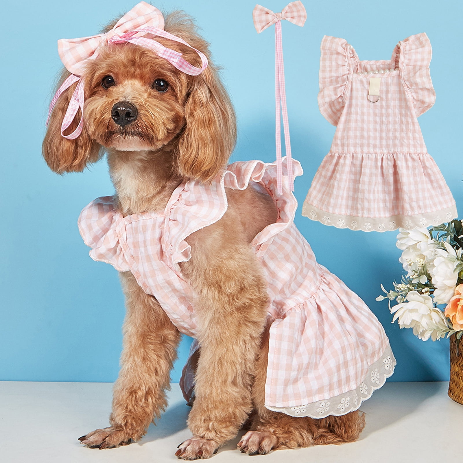 Dog Dresses with Bow Headdress, Ruffled Sleeve Lace Hem Pullover Plaid ...