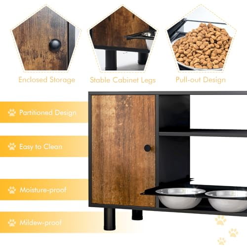 Dog Feeding Station Storage Cabinet with 2 Elevated Dog Bowls, Dog Food ...