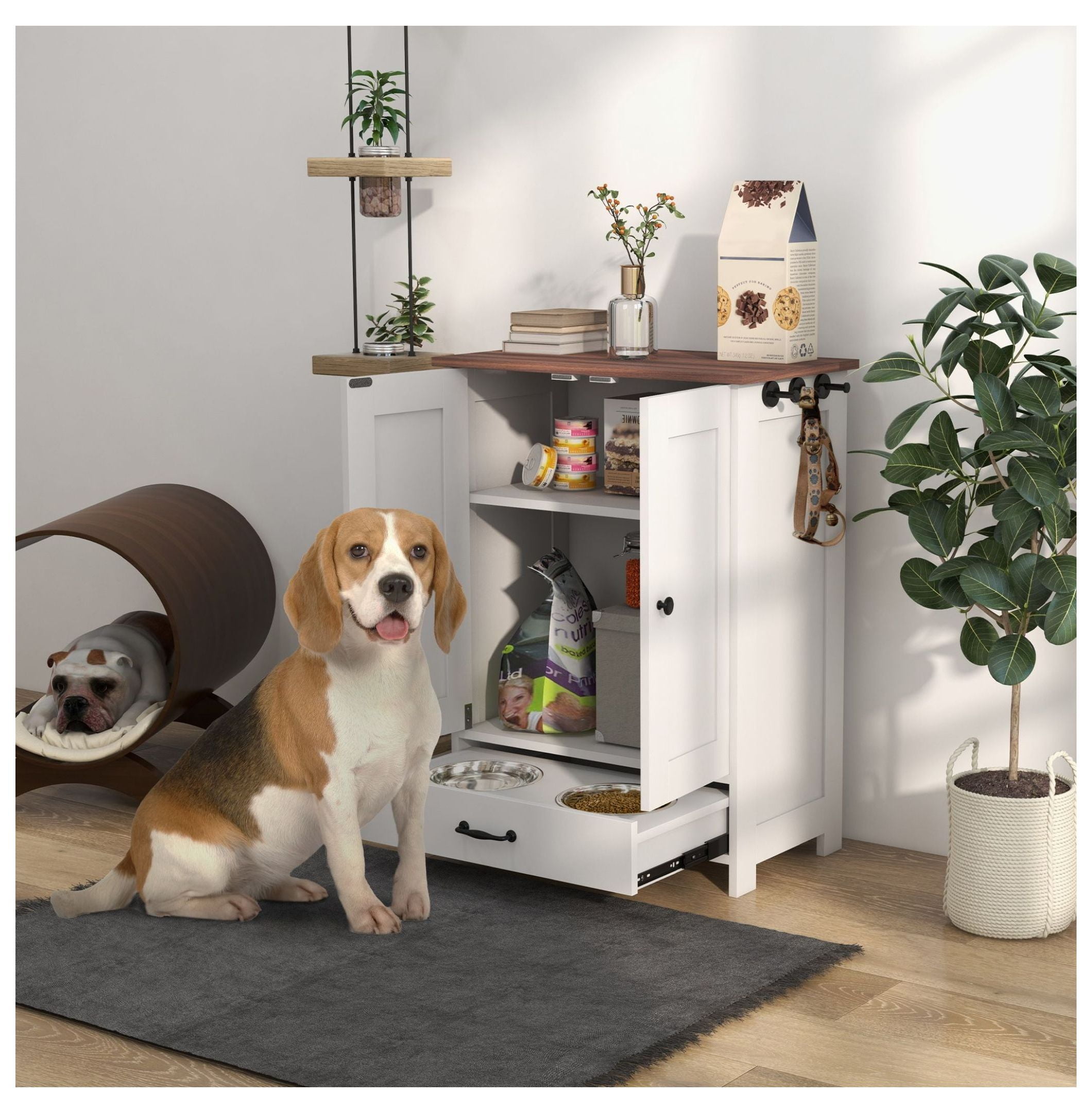 Dog Feeding Station with Storage, Raised Bowls - Medium Dog Feeder - White - Adjustable Panel ...