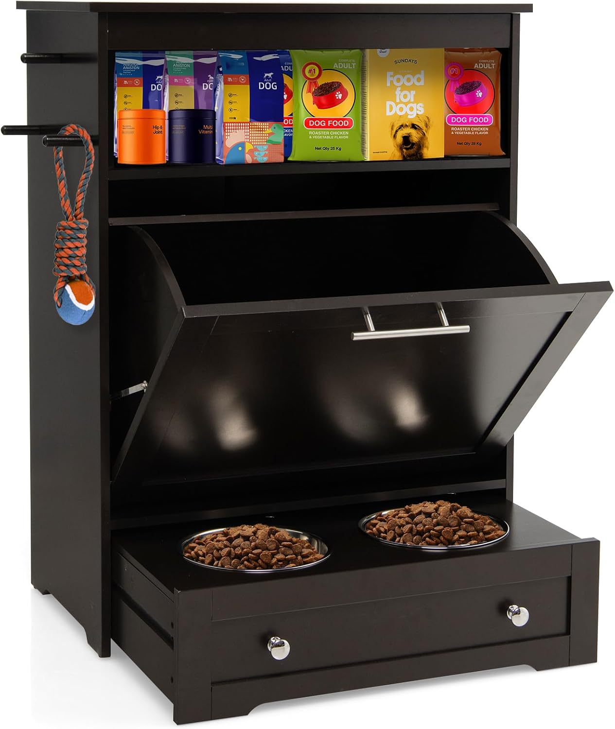 Dog Feeding Station with Storage and 2 Elevated Bowls, Modern Dog Food ...
