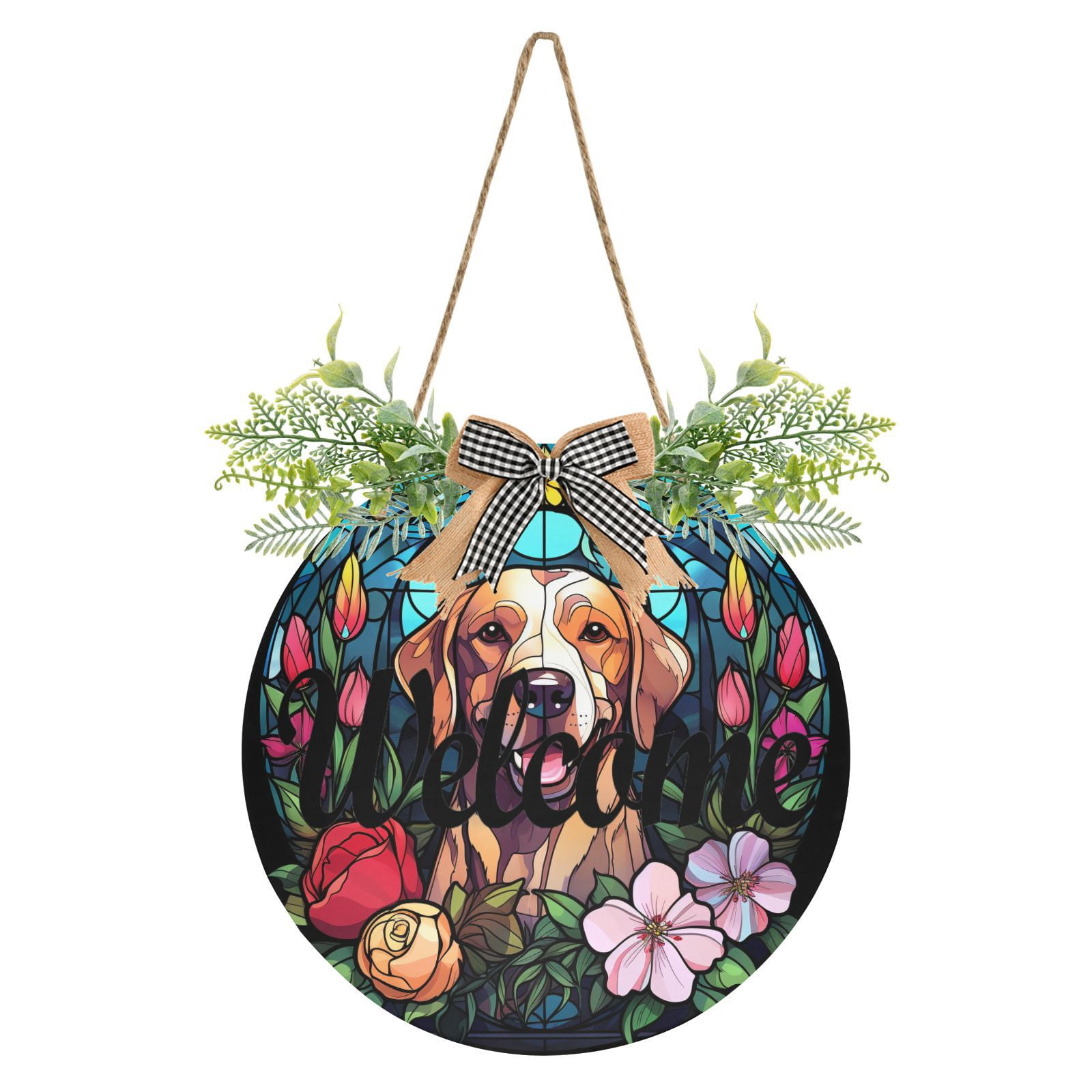 Dog Flowers Church Window Welcome Sign for Front Door Wreath Door Sign ...