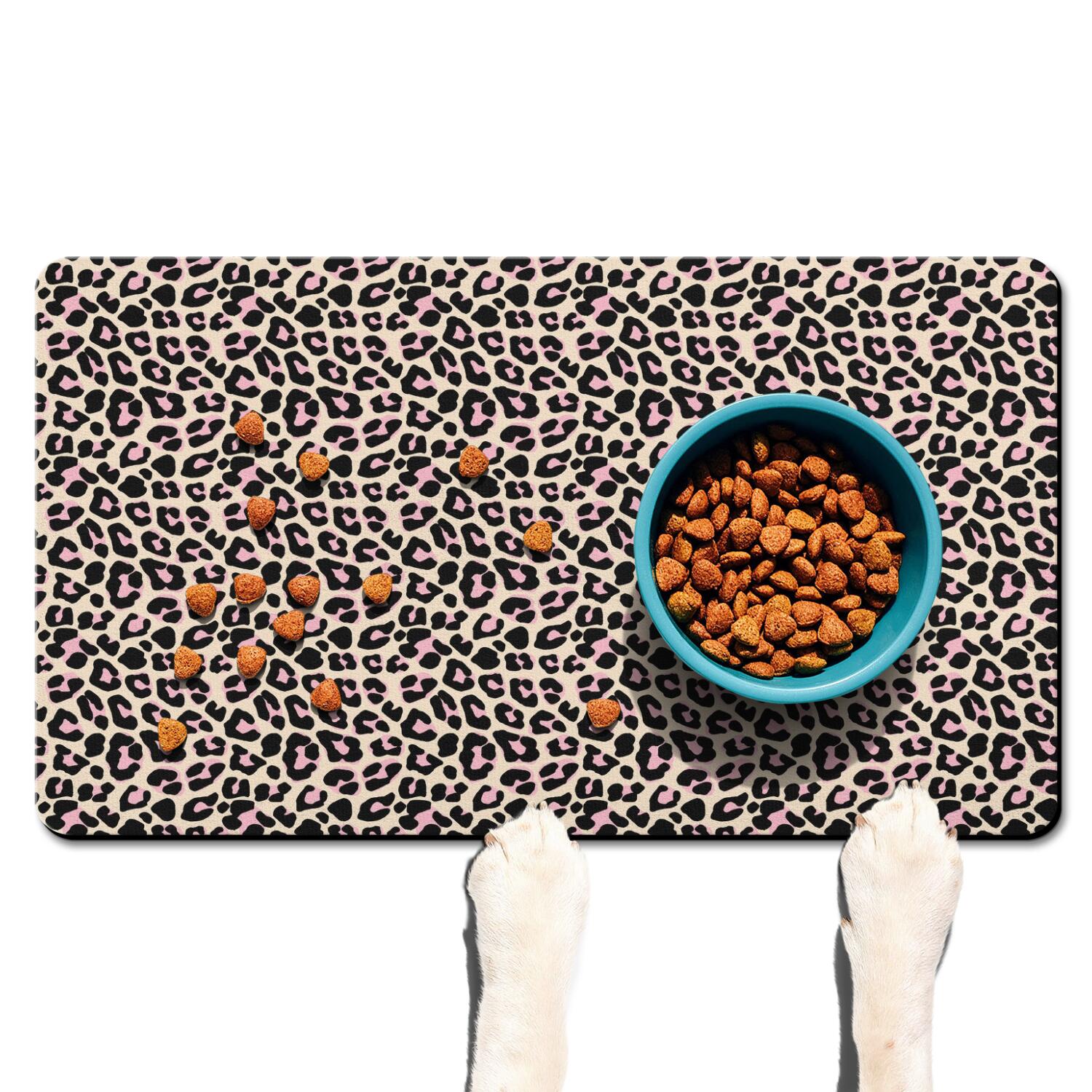 Dog Food Mat 16x24 Inch with Glitter Leopard Spots, Durable Absorbent ...