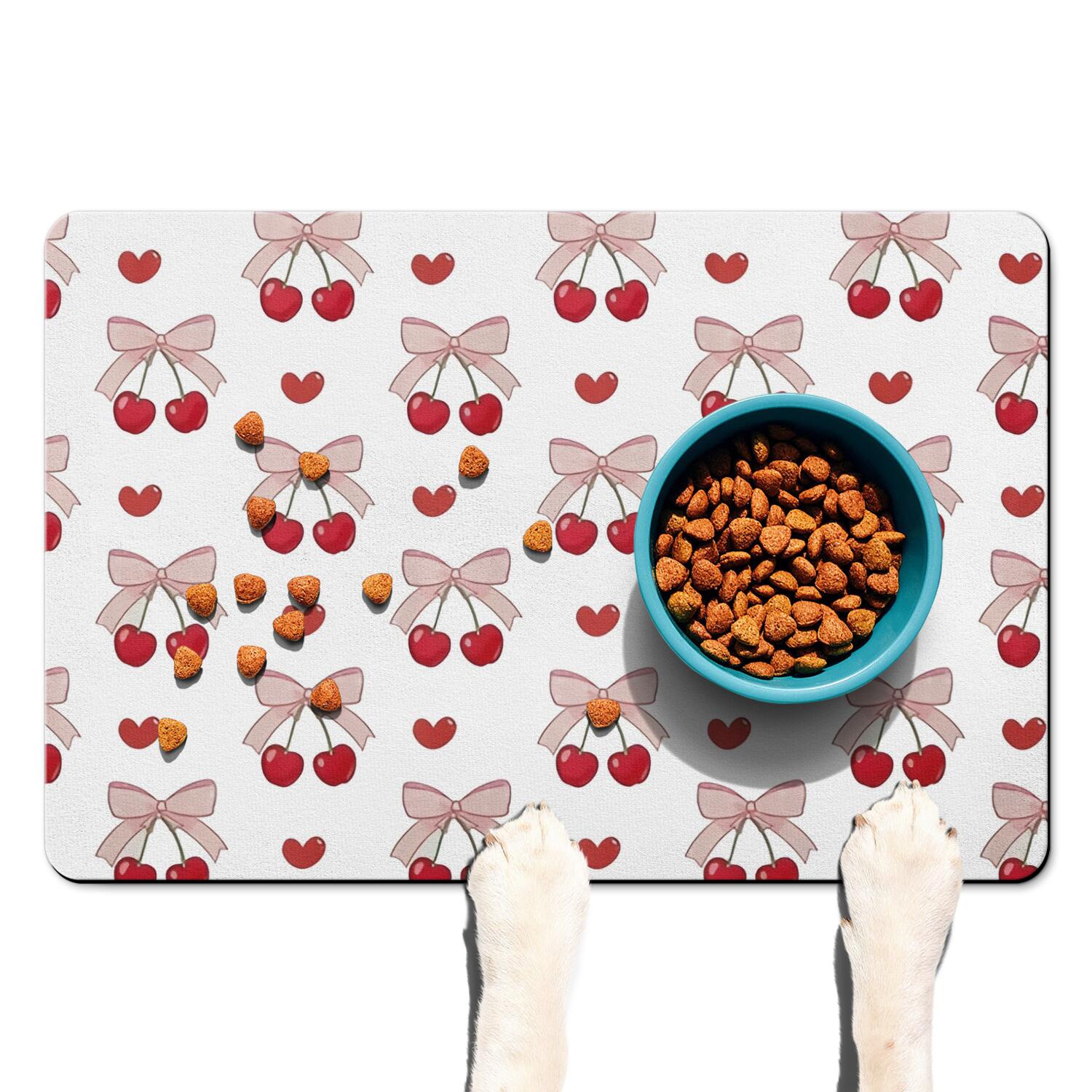 Dog Food Mat 16x24 Inch with Sweet Cherry Print, Durable Absorbent ...