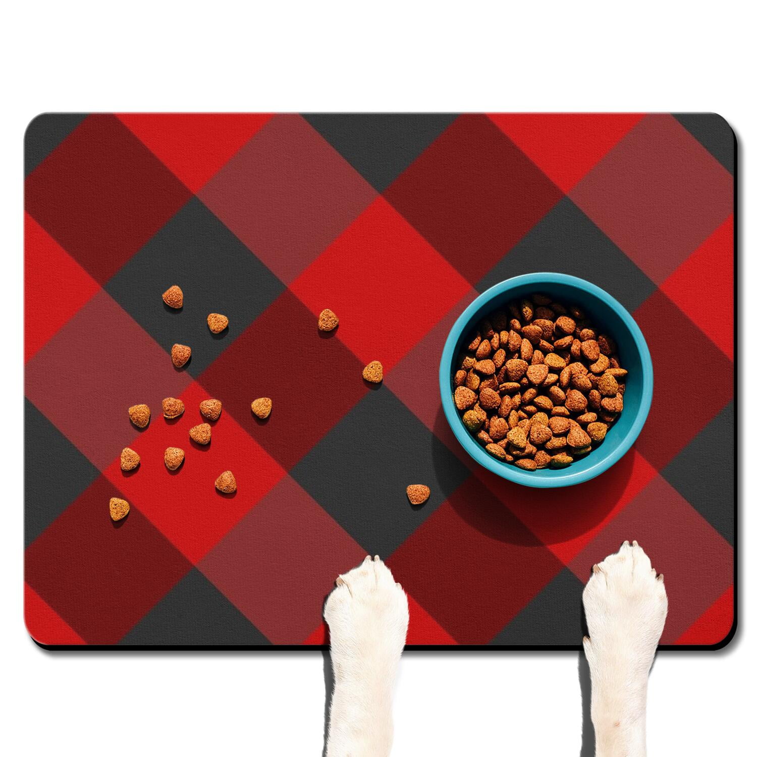 Dog Food Mat with Buffalo Plaid Print, Absorbent Waterproof Pet Feeding ...
