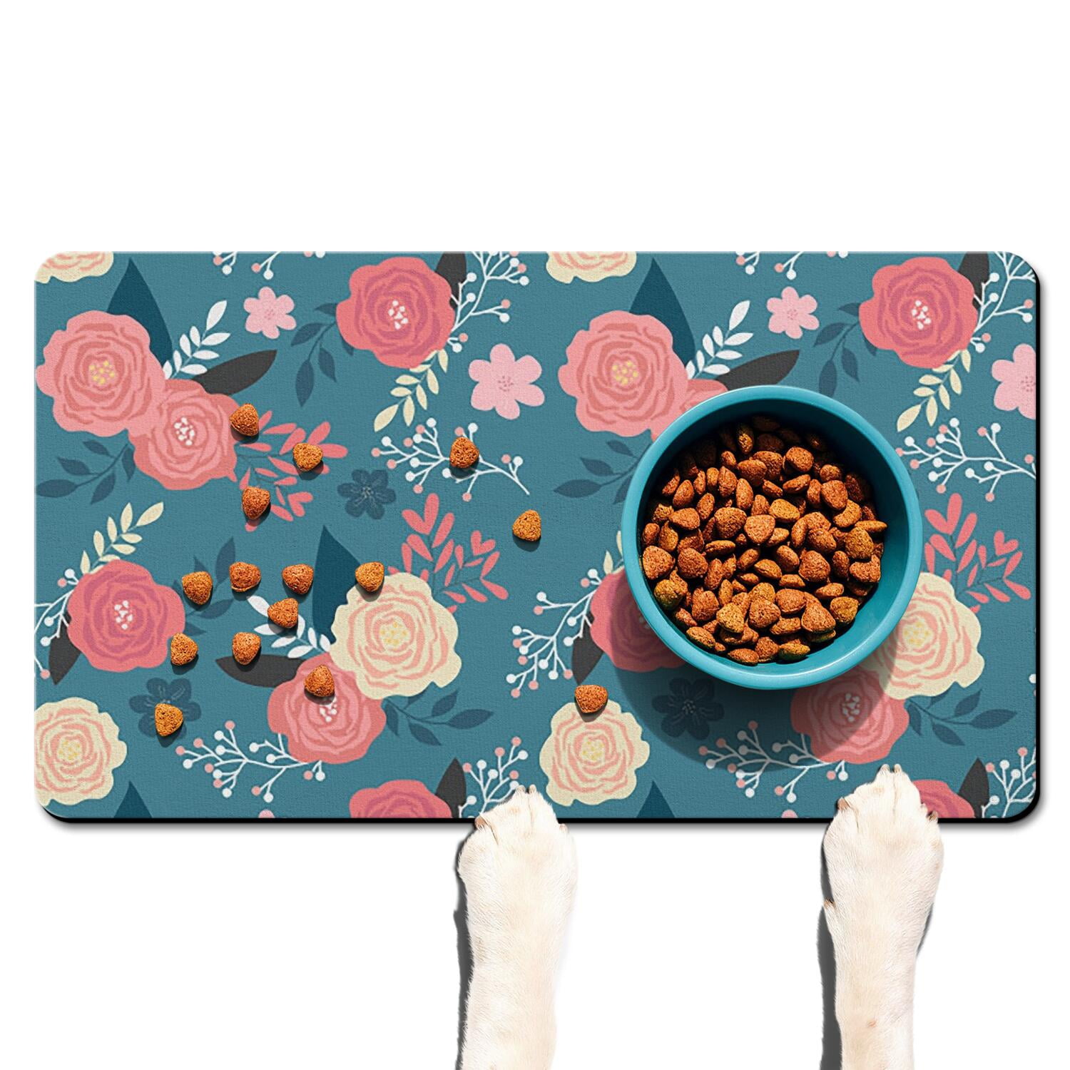 Dog Food Mat Featuring Romantic Rose and Peony Pattern, Durable ...