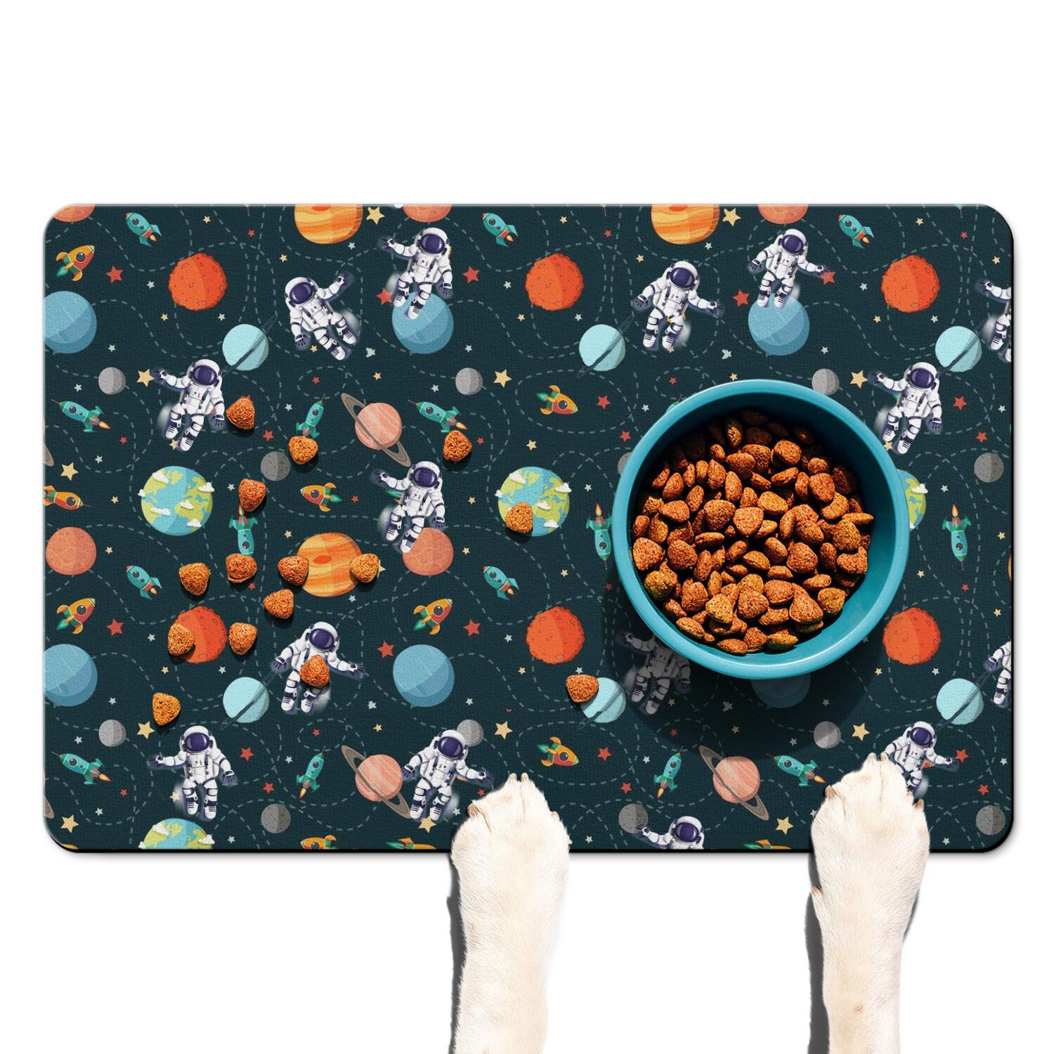 Dog Food Mat Space Galaxy Astronaut Planet Starry Night Cosmos Pet ...