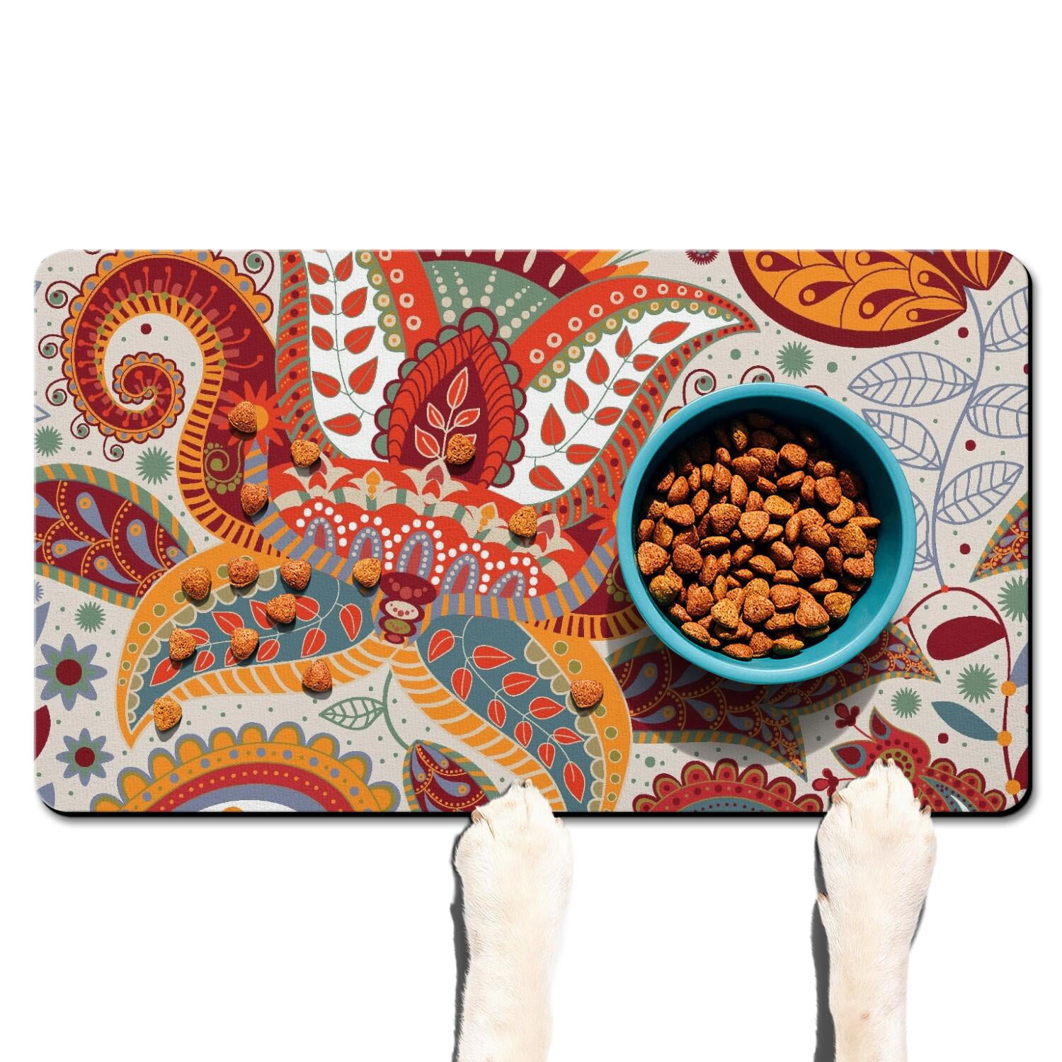 Dog Food Mat with Retro Paisley Floral Ethnic Paisley Ornament Abstract ...