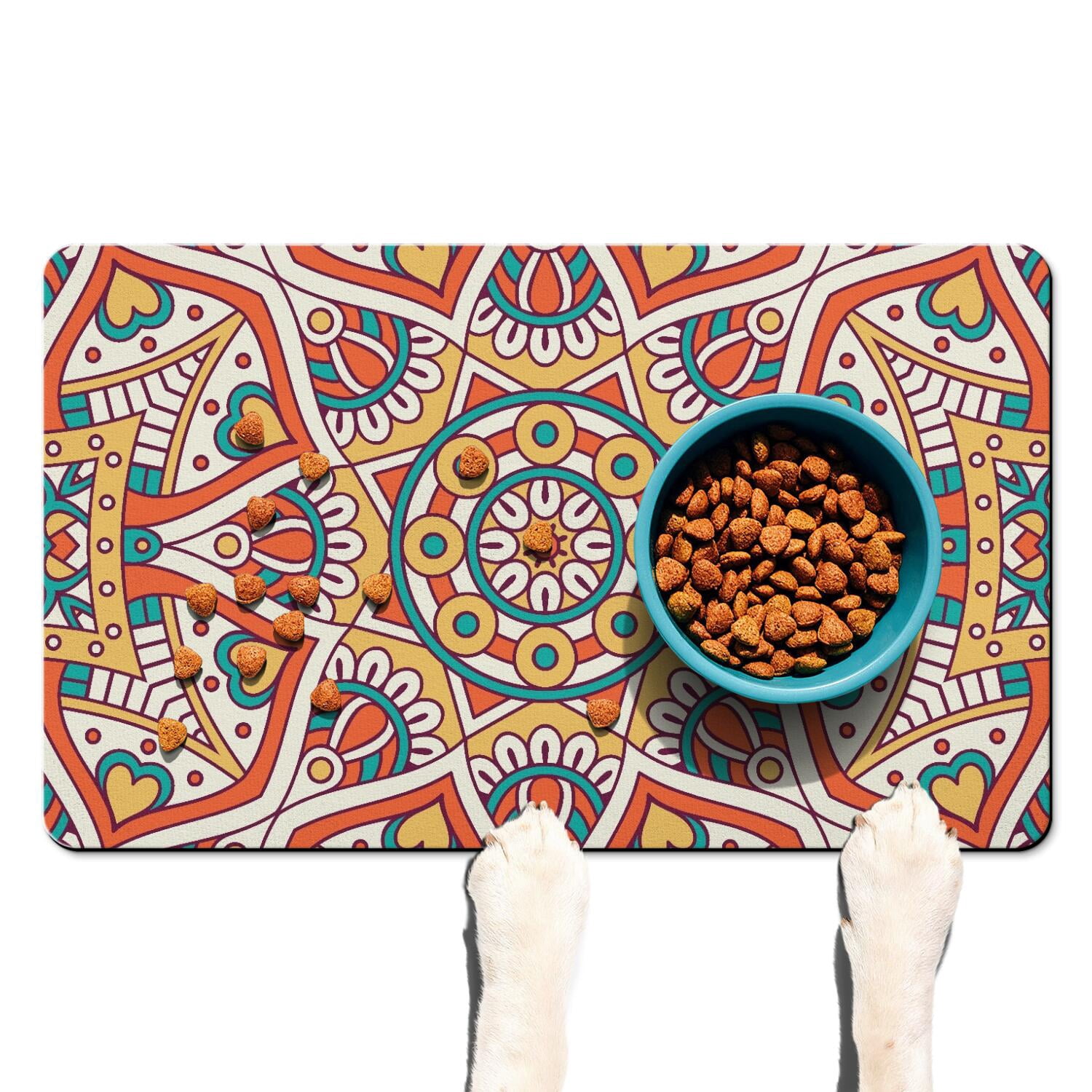 Dog Food Mat with Vintage Boho Floral Mandala Print, Durable Waterproof ...