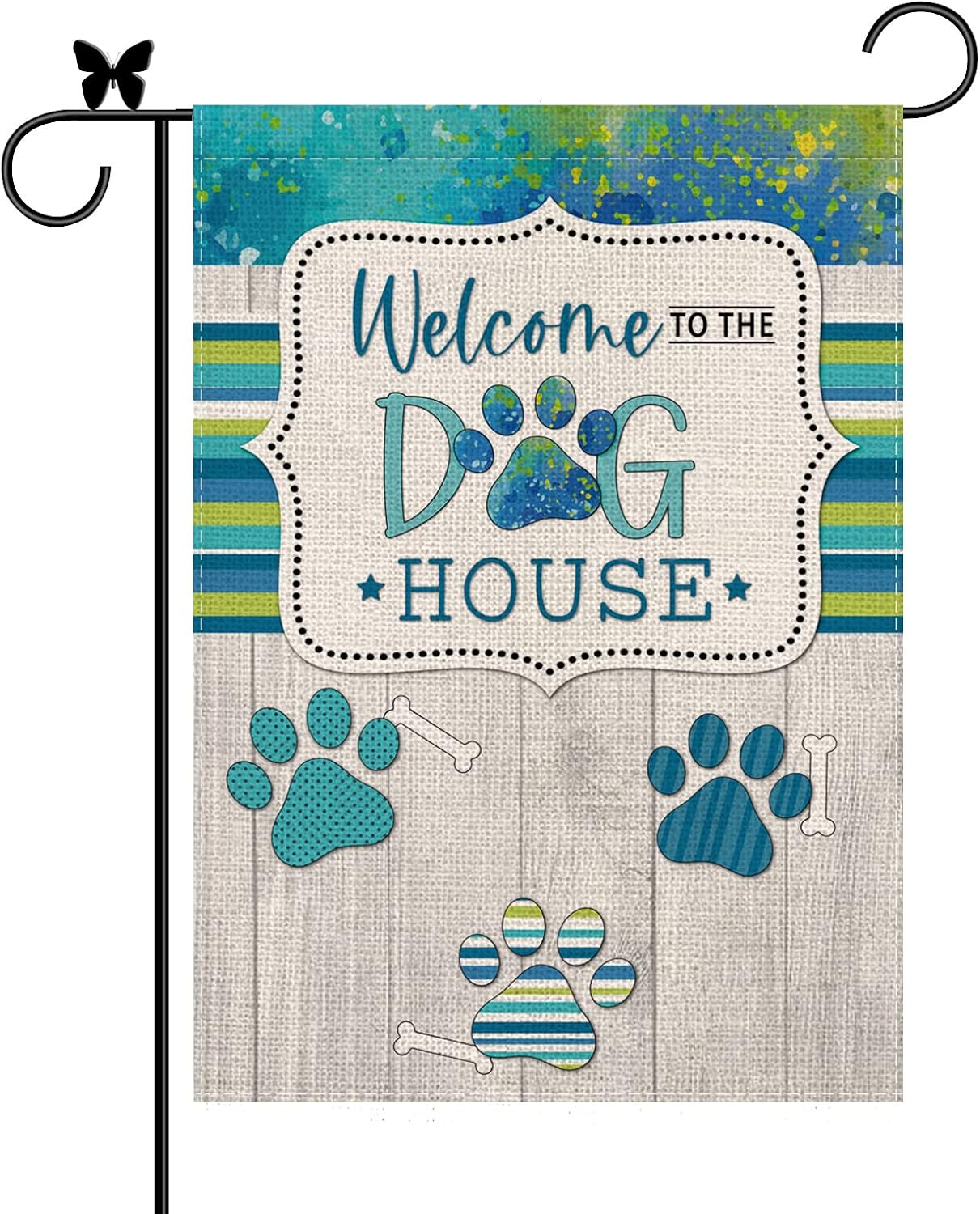 Dog Garden Flag Welcome to Dog House Cute Striped Vertical Burlap ...