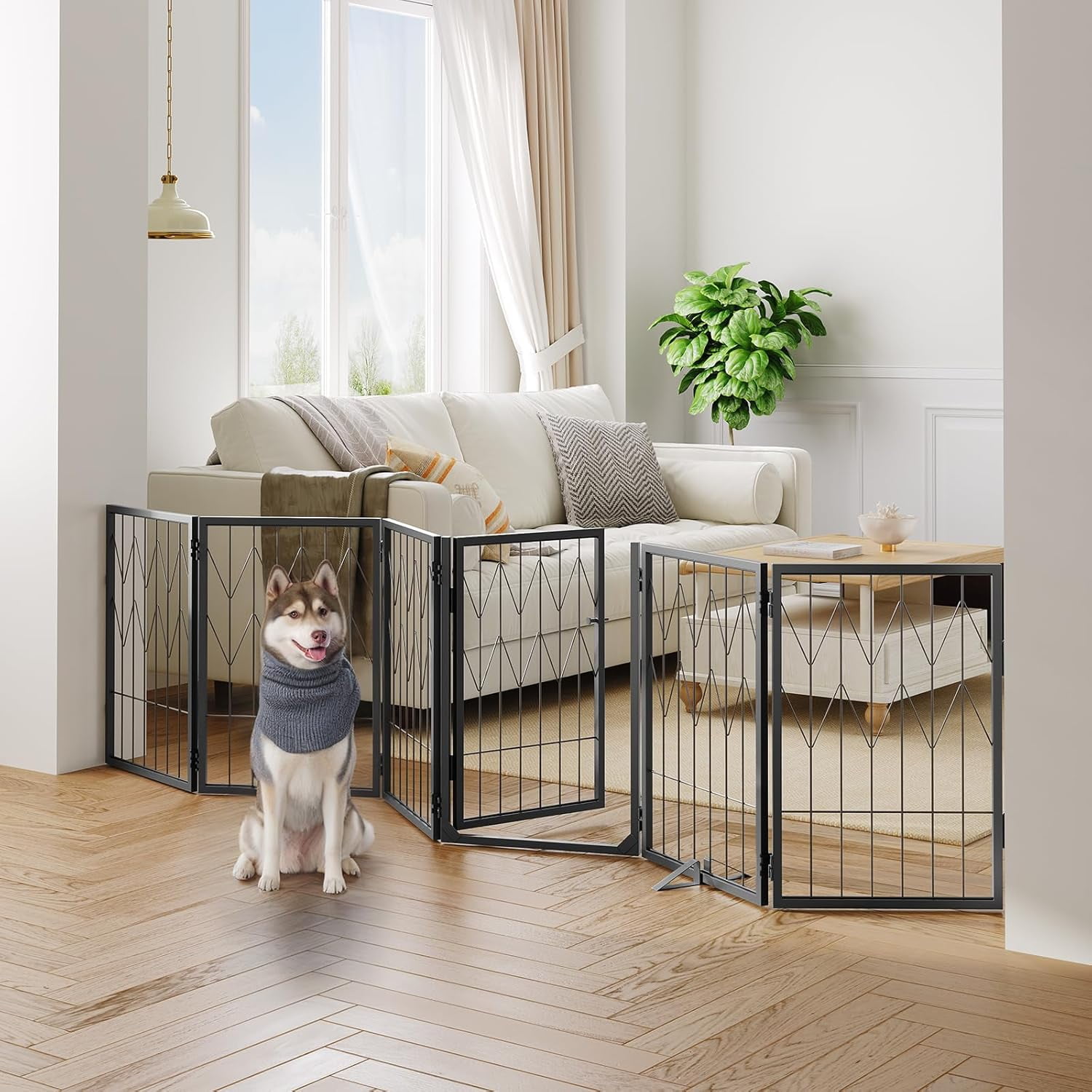 Dog Gate Indoor, 6 Panels Freestanding Pet Gate with Door Walk Through ...