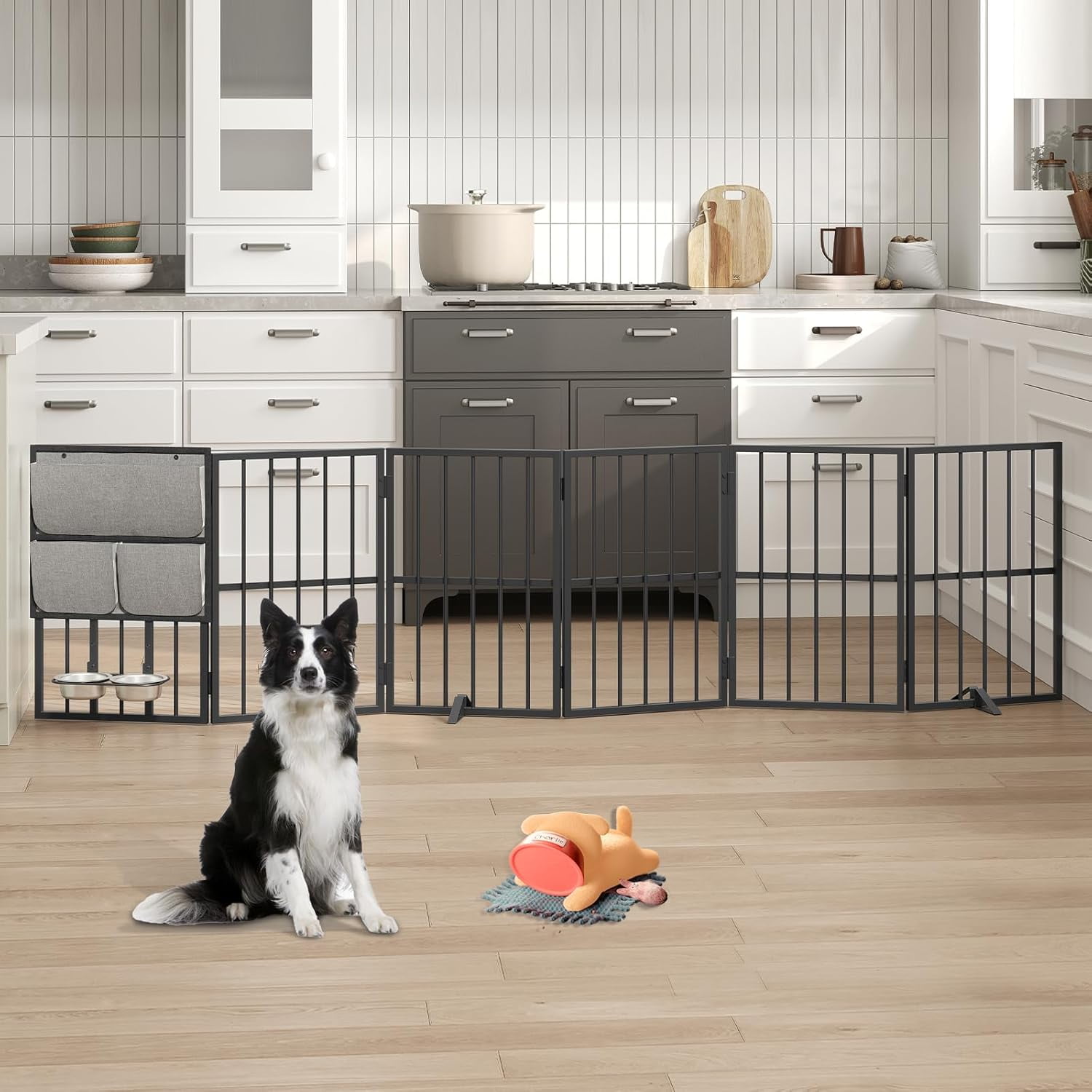 Dog Gate Indoor with Dog Bowls, 94.5" Extra Wide Folding Fence for ...