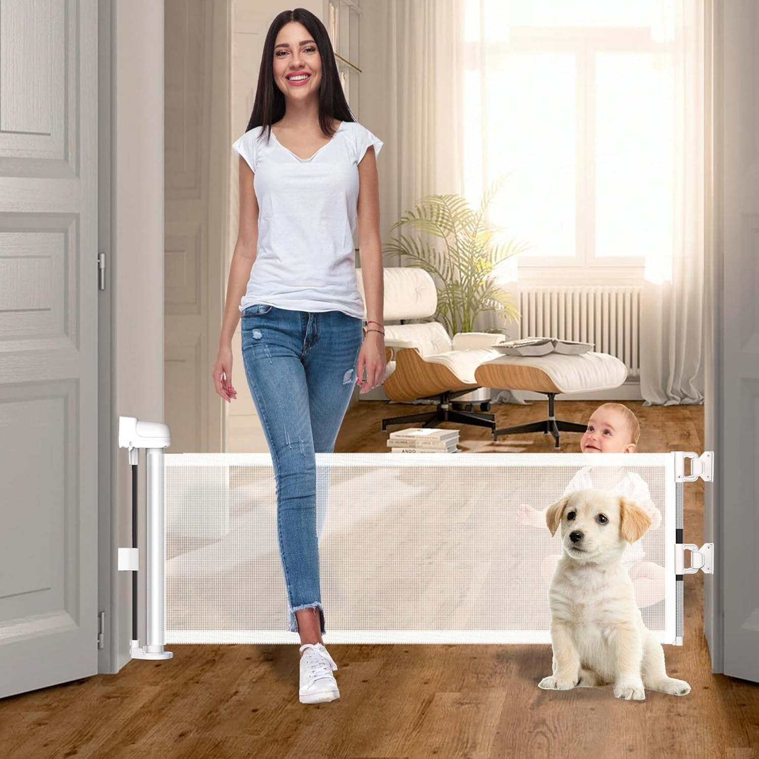 Dog Gate Retractable ,Mesh Pet Gate or Mesh Dog Gate,Extends up to 55 ...