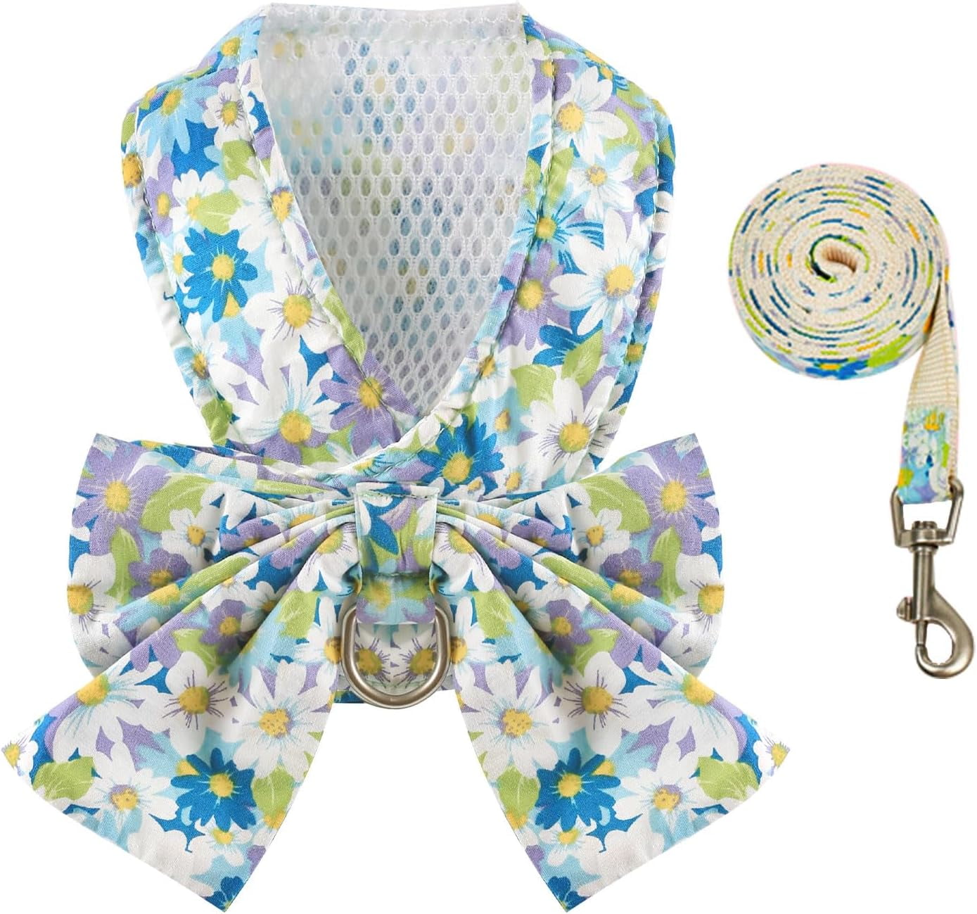 Dog Harness and Leash Set with Bow Knot No Pull Pet Daisy Floral Harness with D-Ring Soft Mesh ...