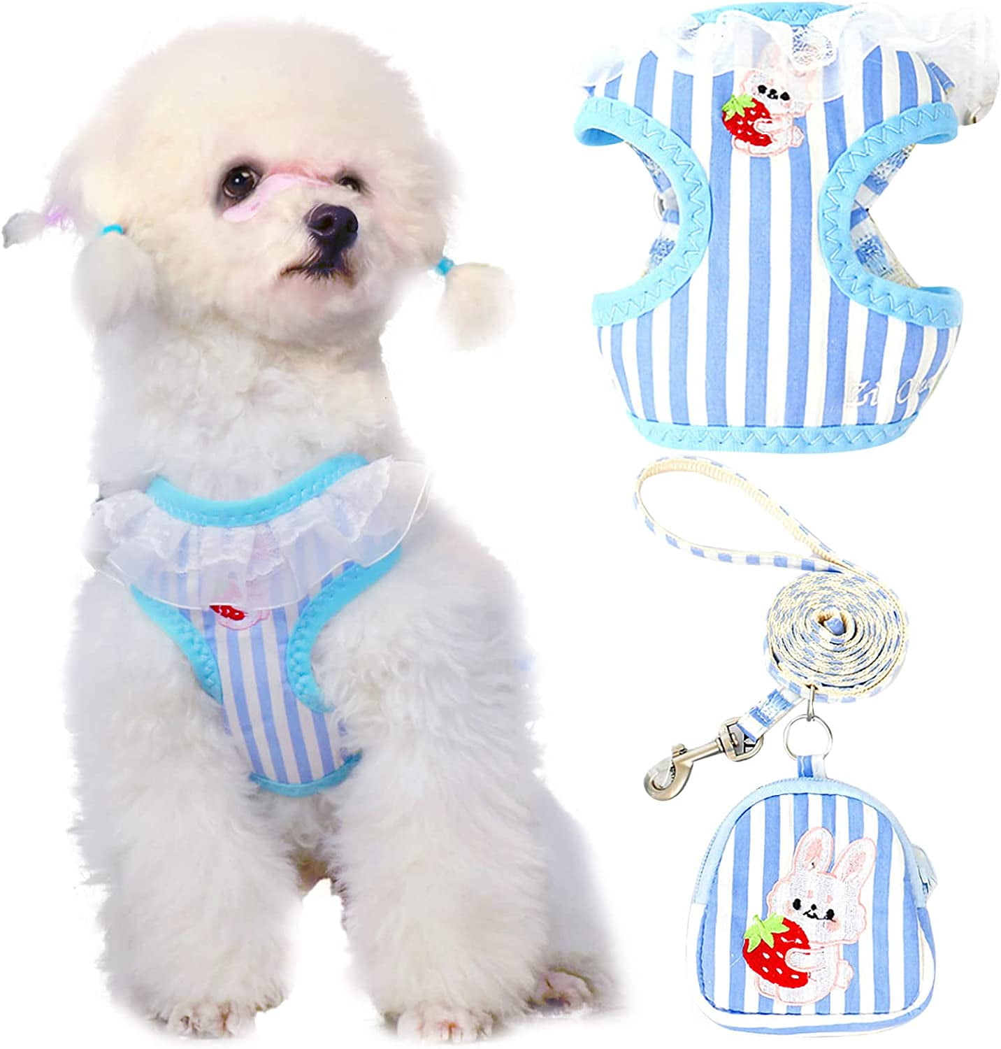 Dog Harness and Leash Set with Bags Striped Lace No Pull Girl Dog Vest ...