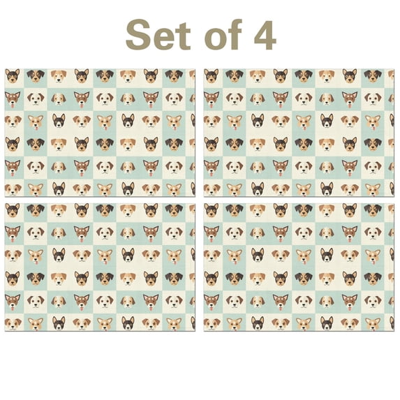 Dog Head Checkerboard Beige Linen-look Placemats Set Of 4, Farmhouse ...