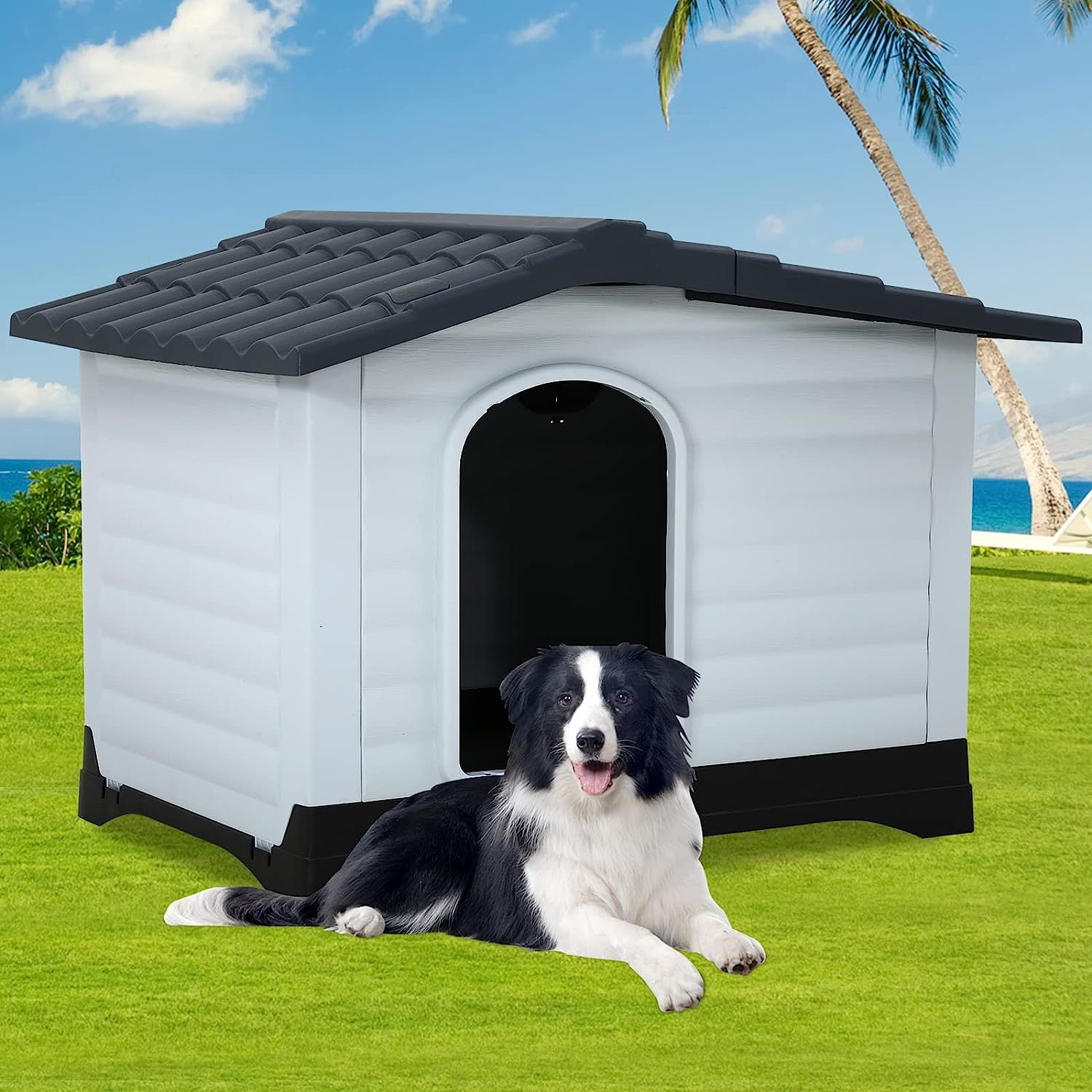 Bilot Insulated Large Grey Plastic Dog House, Waterproof Outdoor Kennel ...