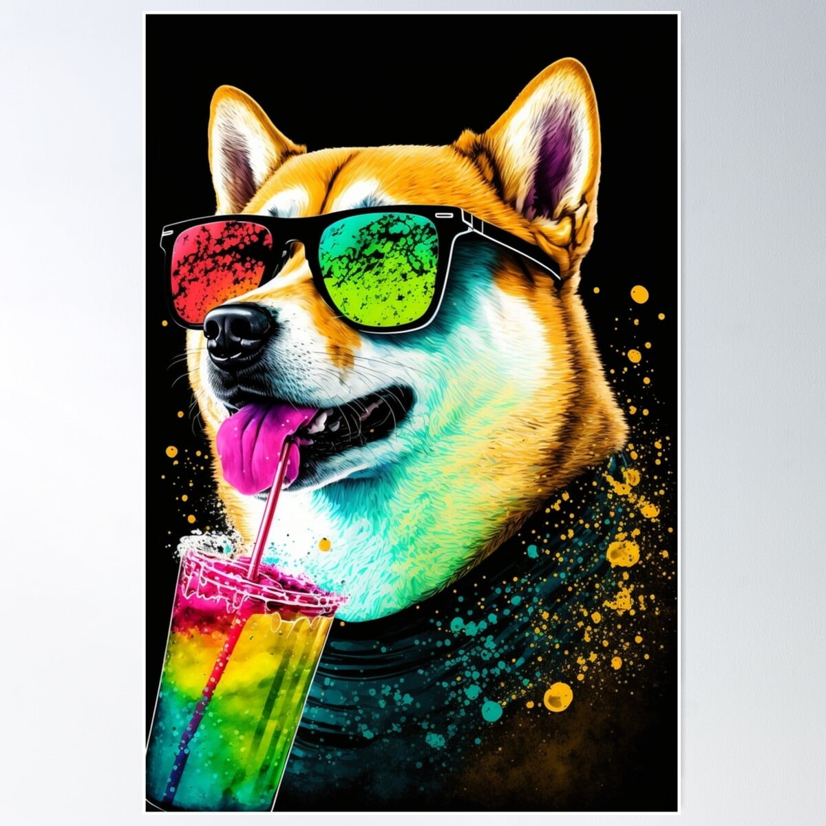 Dog In Sunglasses Drinking Soda. Poster Wall Art Modern Wall Decor For ...
