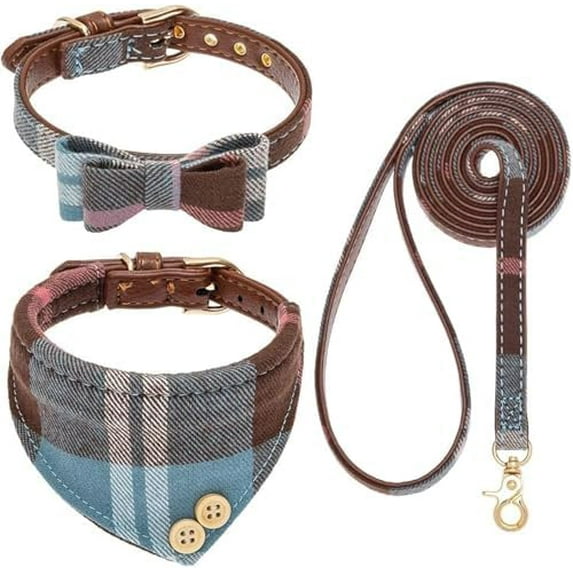 Dog Leash and Collar Set - Cute Plaid Dog Bow Tie and Dog Bandana ...