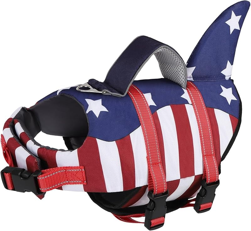 Dog Life Jacket Shark Fin American Flag Pattern with Rescue Handle and ...