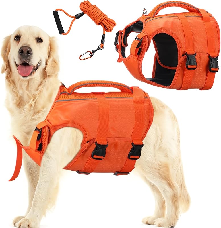 Dog Life Vest with Floating Long Leash High Flotation Reflective ...