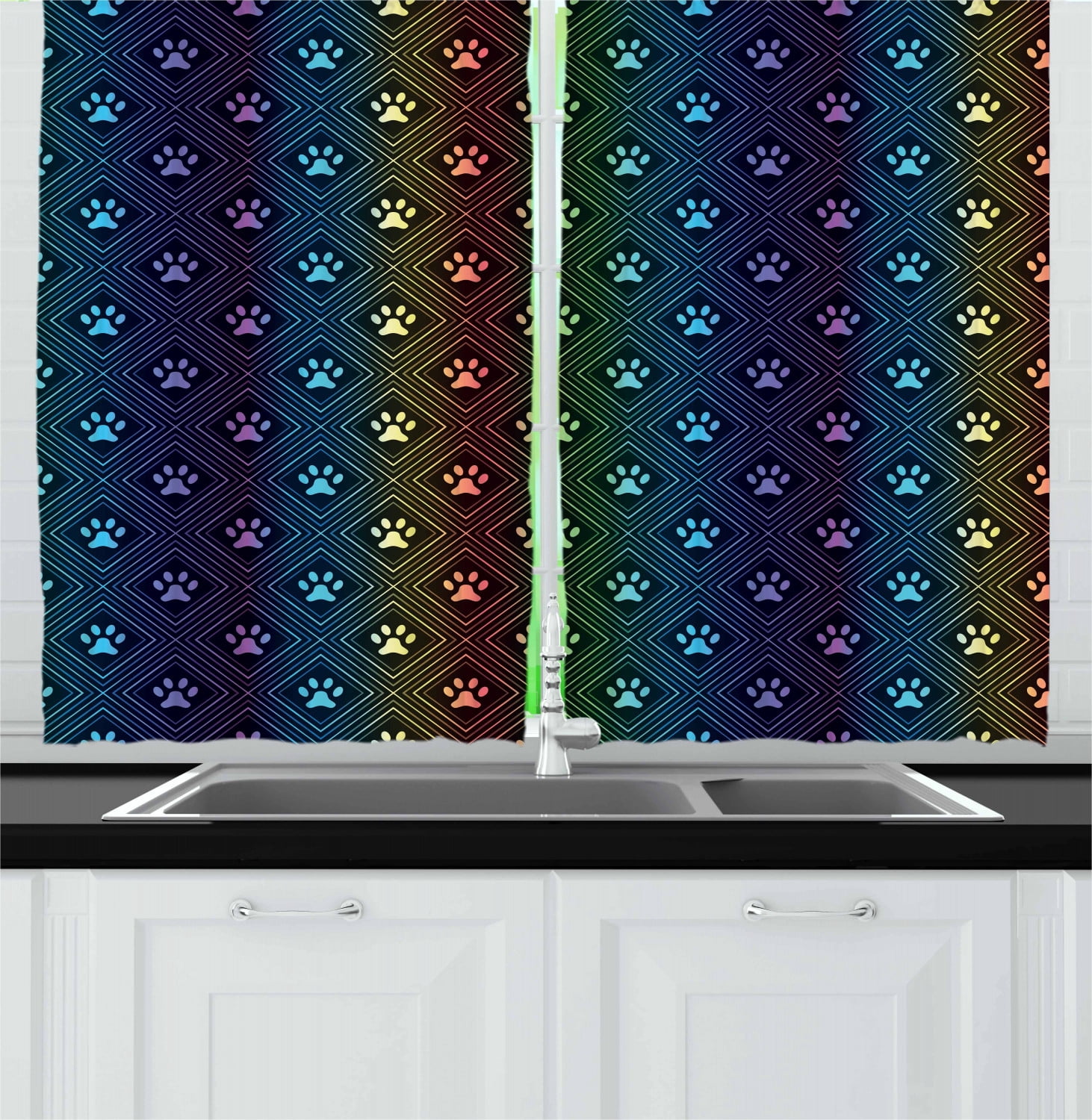 Dog Lover Curtains 2 Panels Set, Paw Print Pattern with Diamond Shaped ...