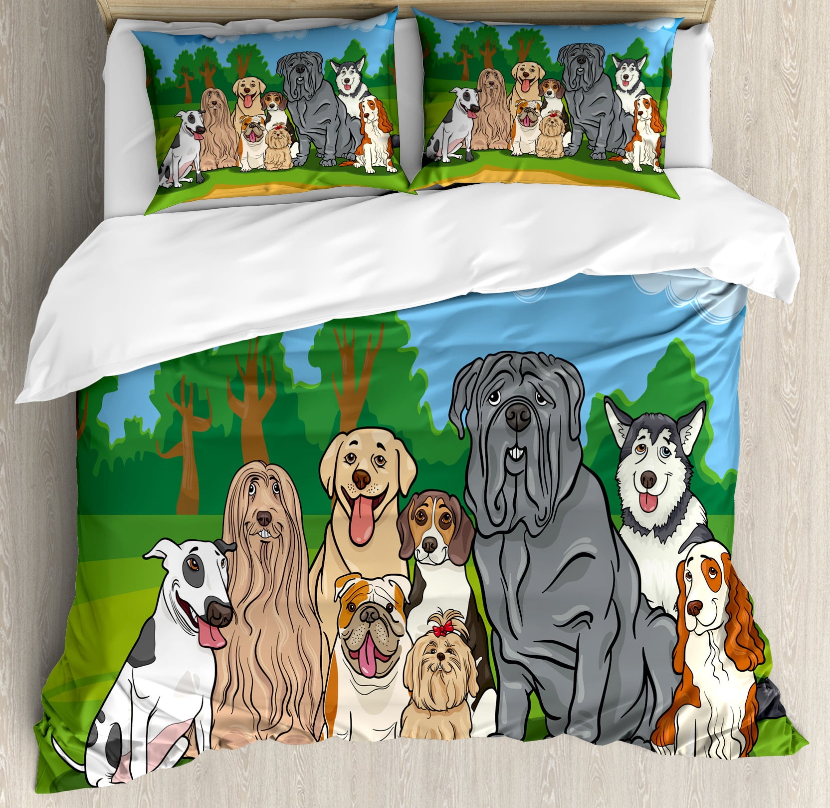 Dog Lover Duvet Cover Set, Repetitive Park Landscape Colorful Friendly ...