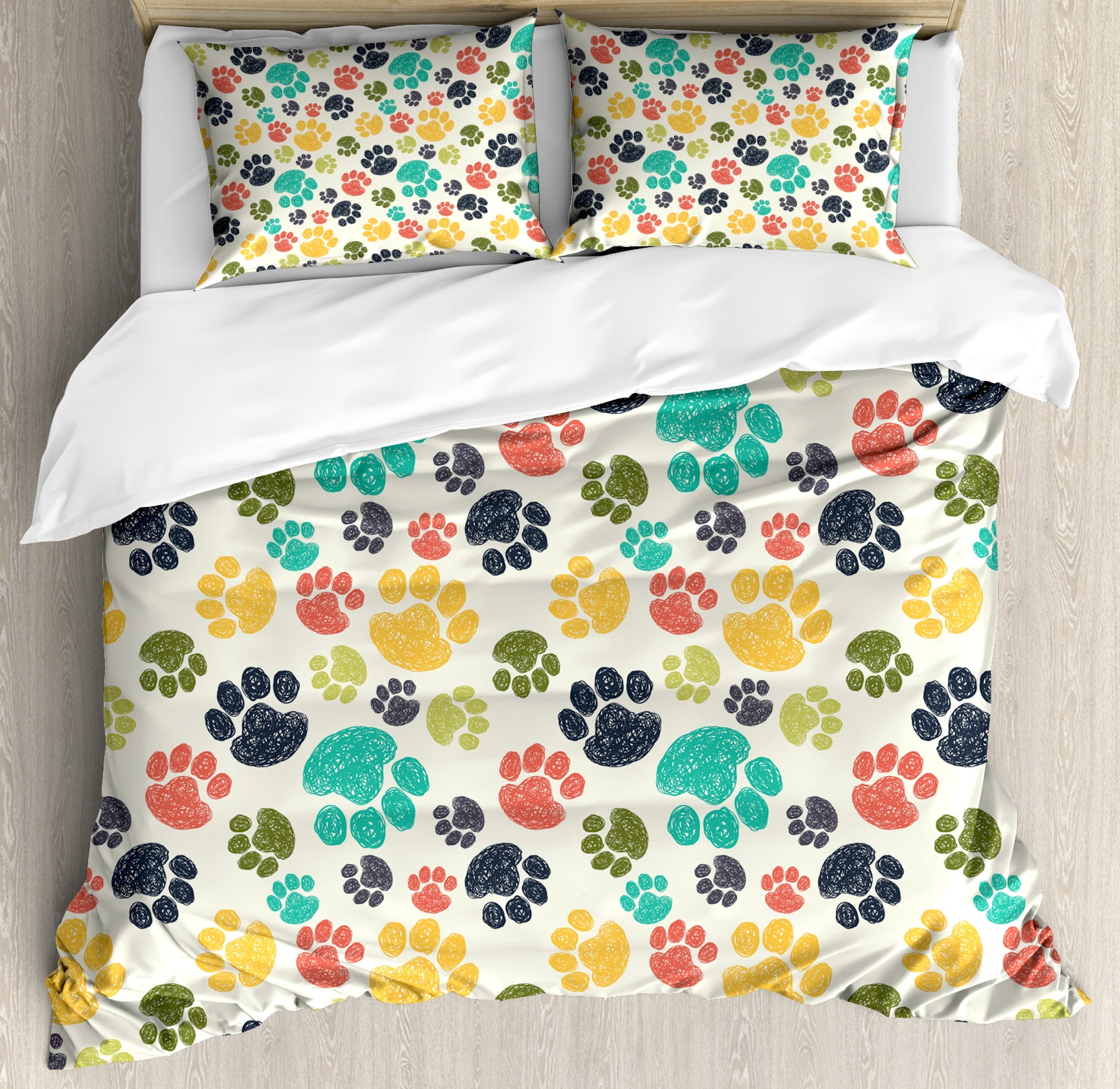 Dog Lover King Size Duvet Cover Set, Cute Hand Drawn Paw Print Doodles ...