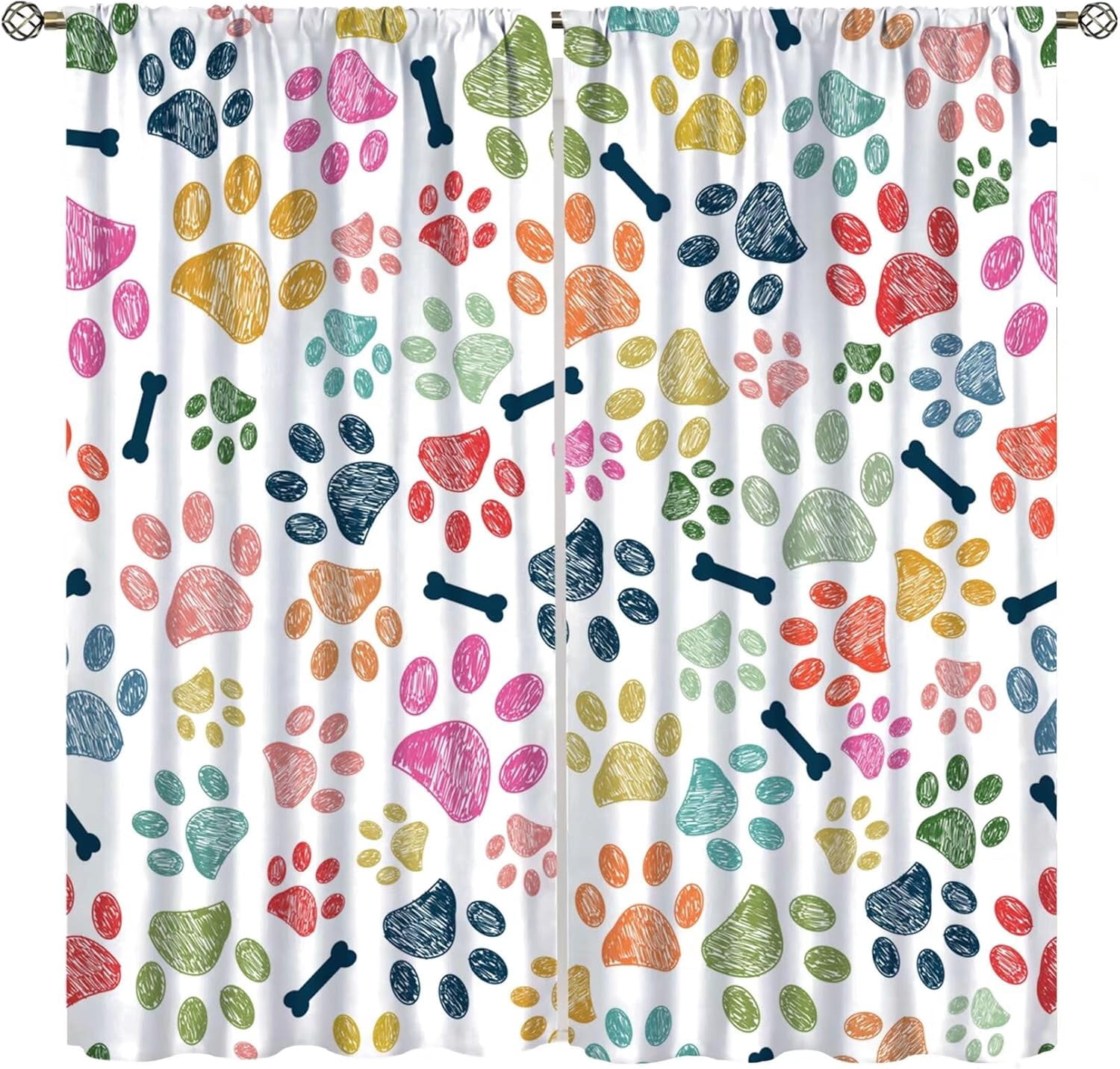 Dog Lover Kitchen Curtains, Hand Drawn Paw Print Doodles Circular ...