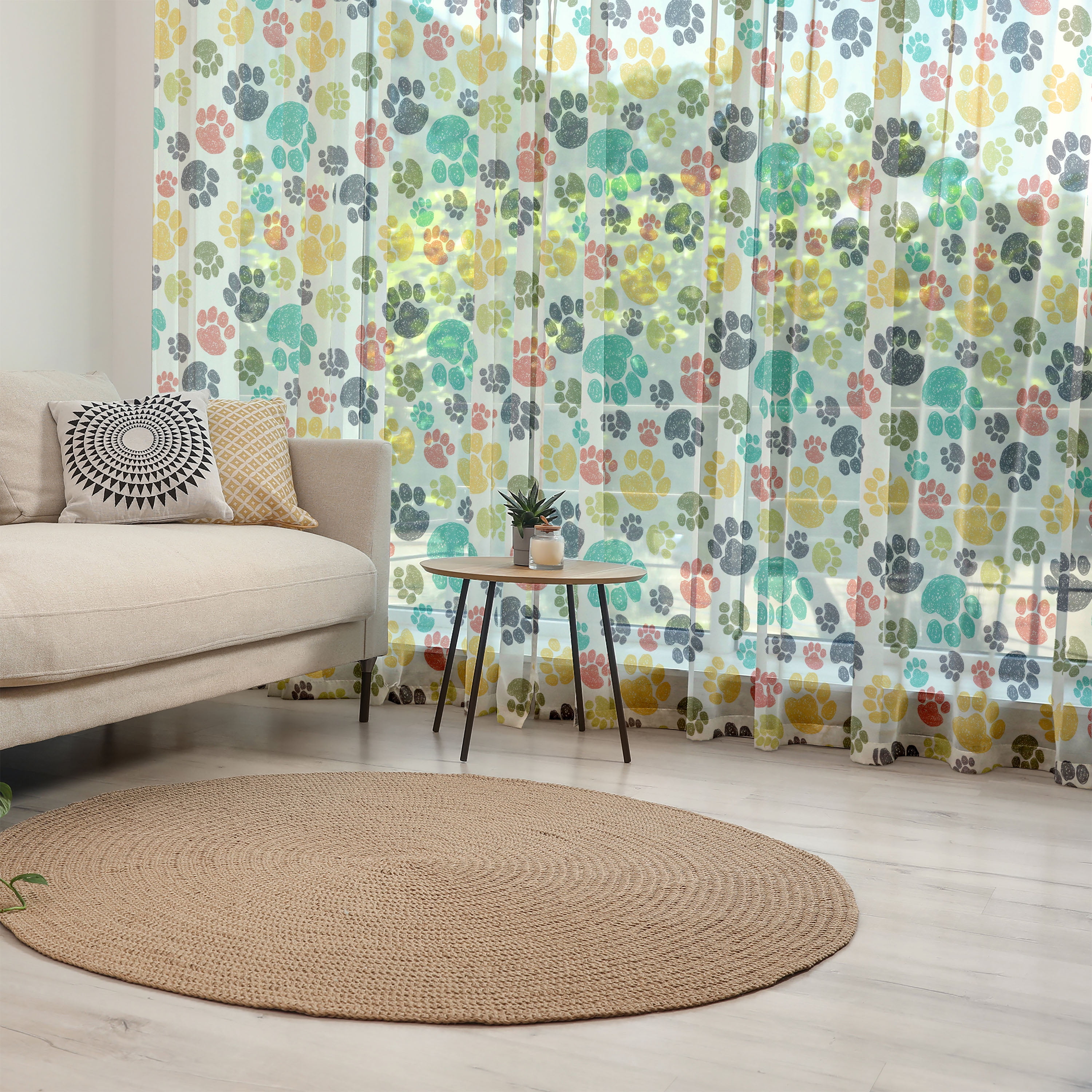 Dog Lover Tulle Curtains with Rod Pocket, Hand Drawn Paw Print Doodles ...