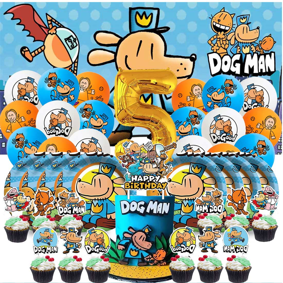 Dog Man Balloons Party Supplies 5th Decor Tableware Birthday Cake ...