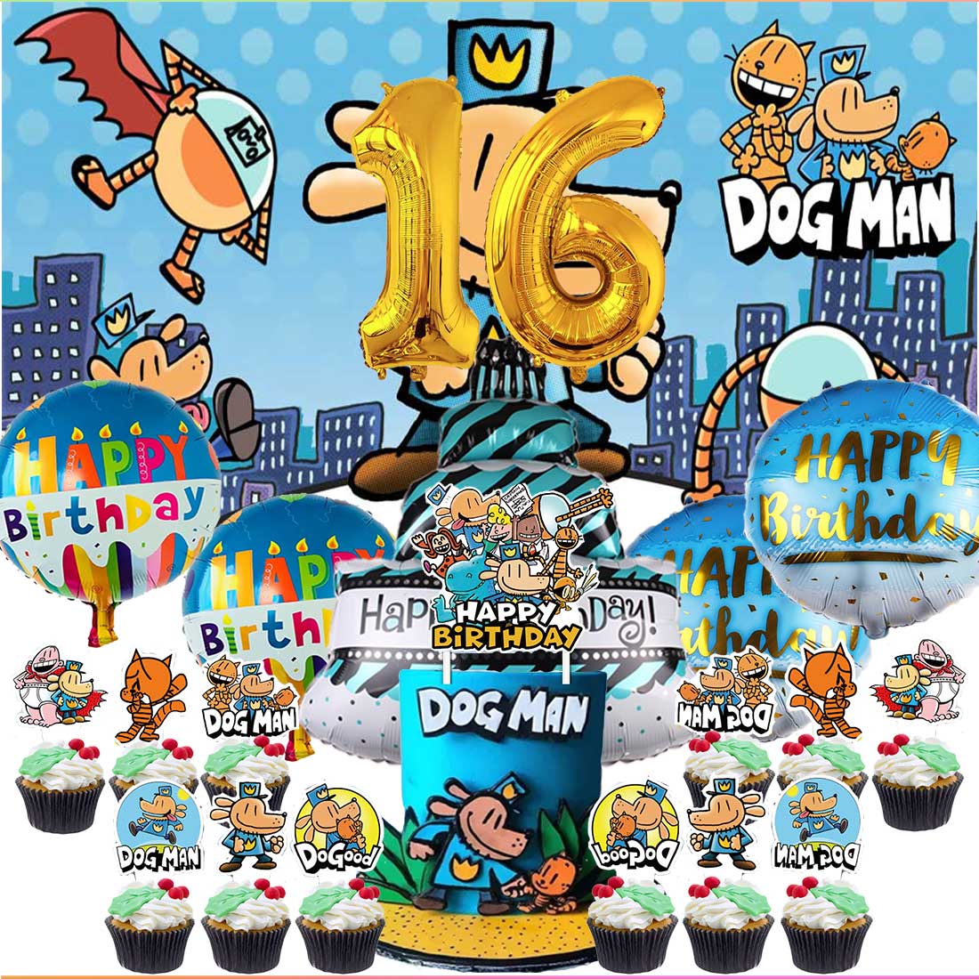 Dog Man Party Supplies Decor 16th Kit Balloons Birthday Cake Topper ...