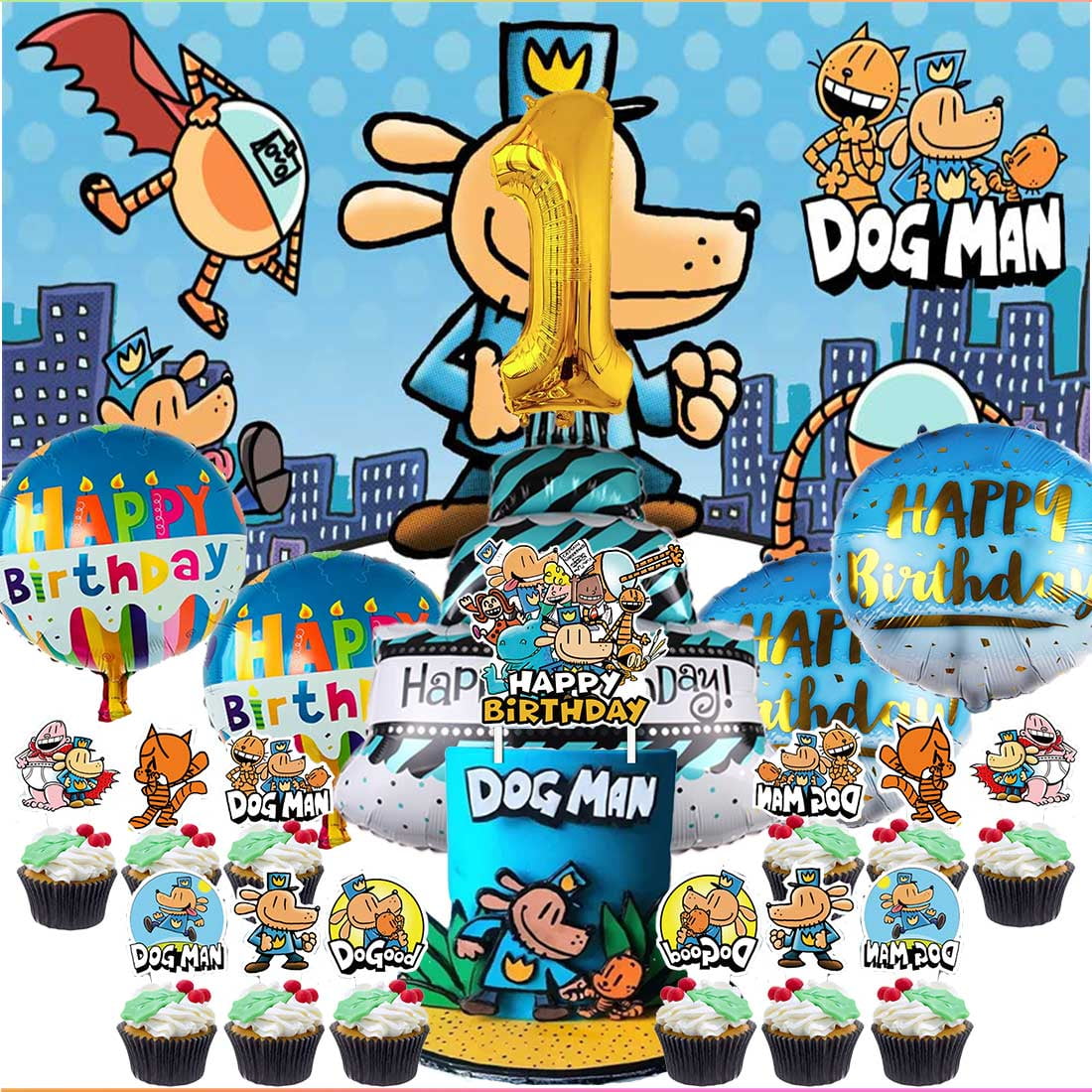 Dog Man Party Supplies Decor 1st Kit Balloons Birthday Cake Topper ...