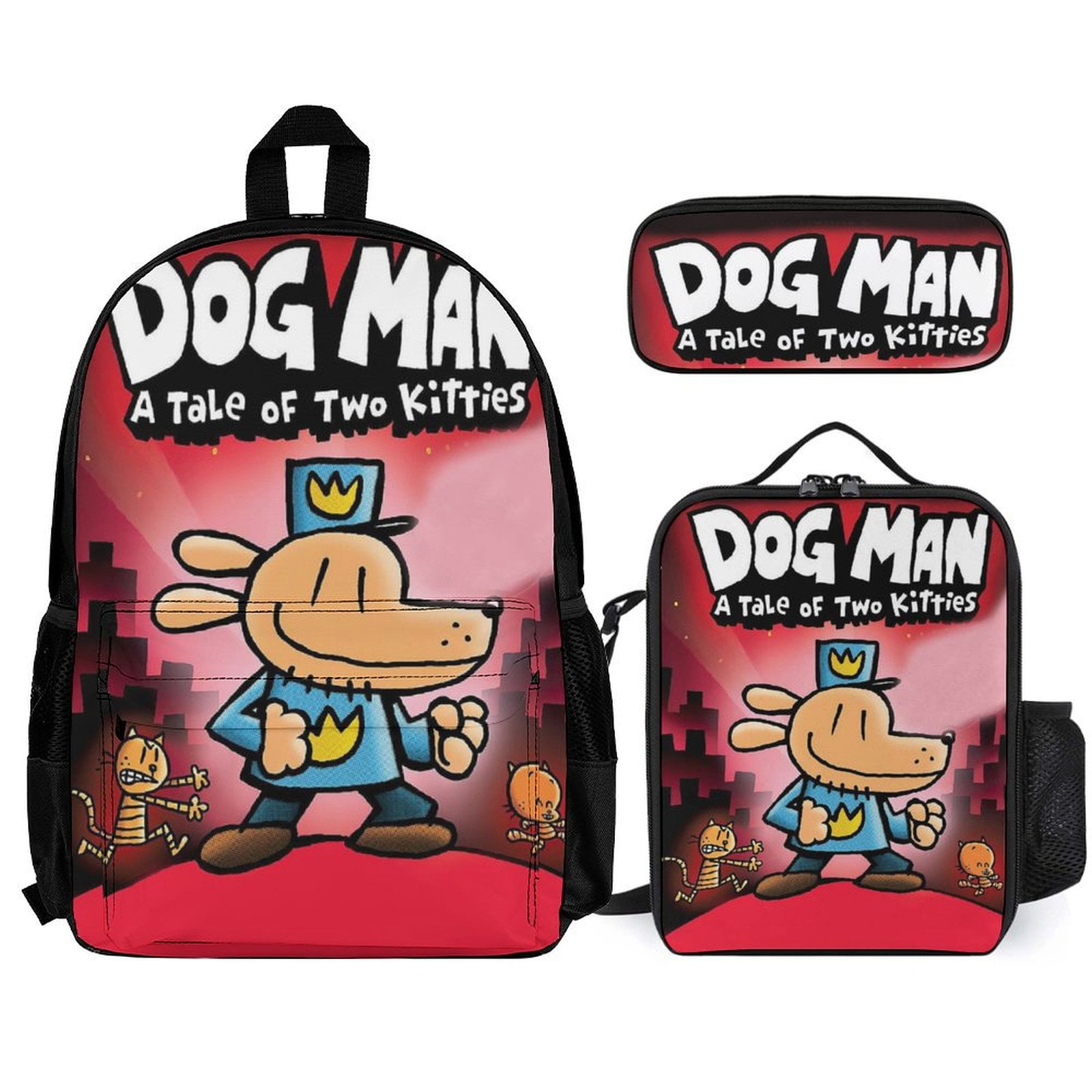 Dog Man Pocket Backpack, Crossbody Lunch Bag, Pen Case Set Three Piece ...