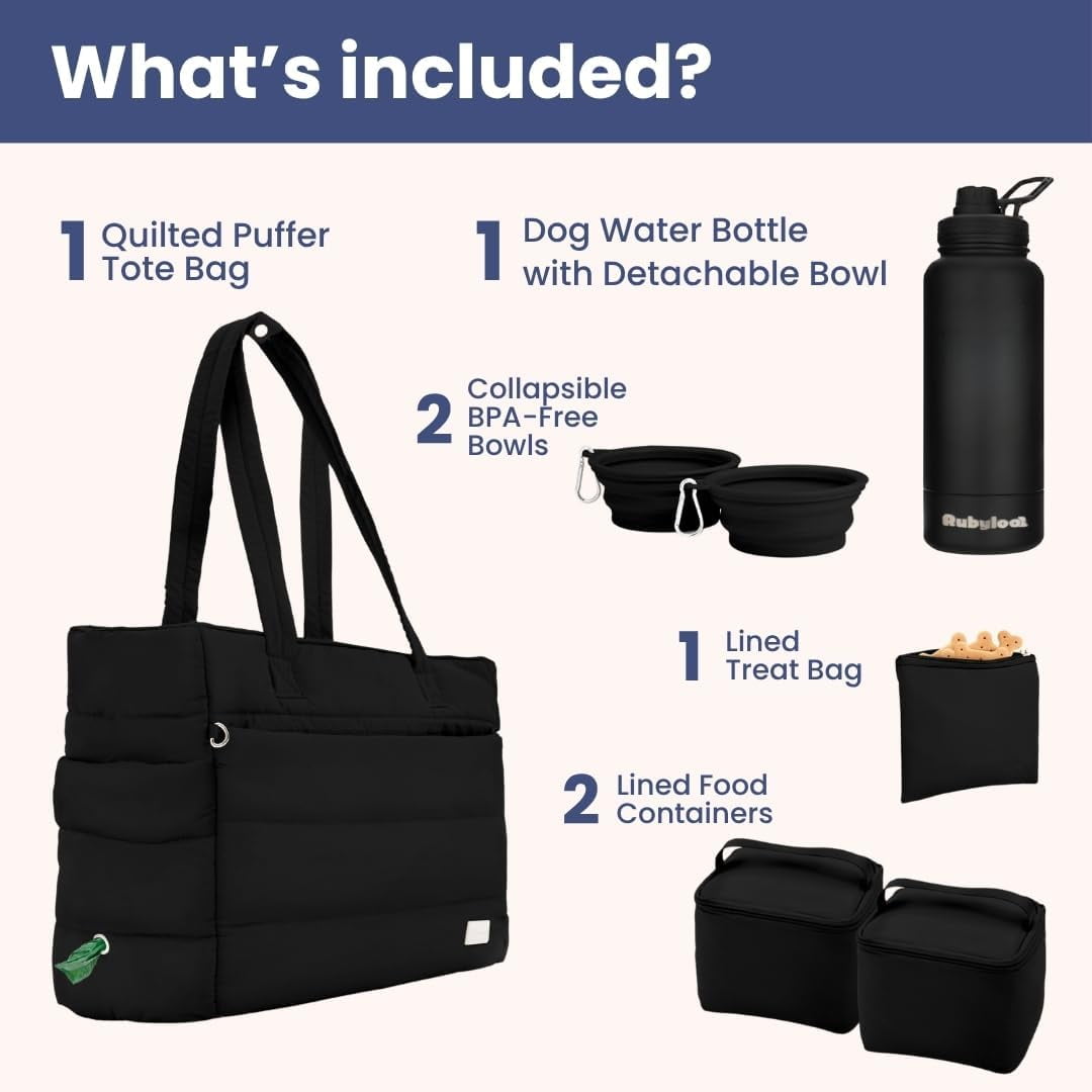 Dog Mom Essentials Bundle - Puffer Tote with Storage Containers (Black ...